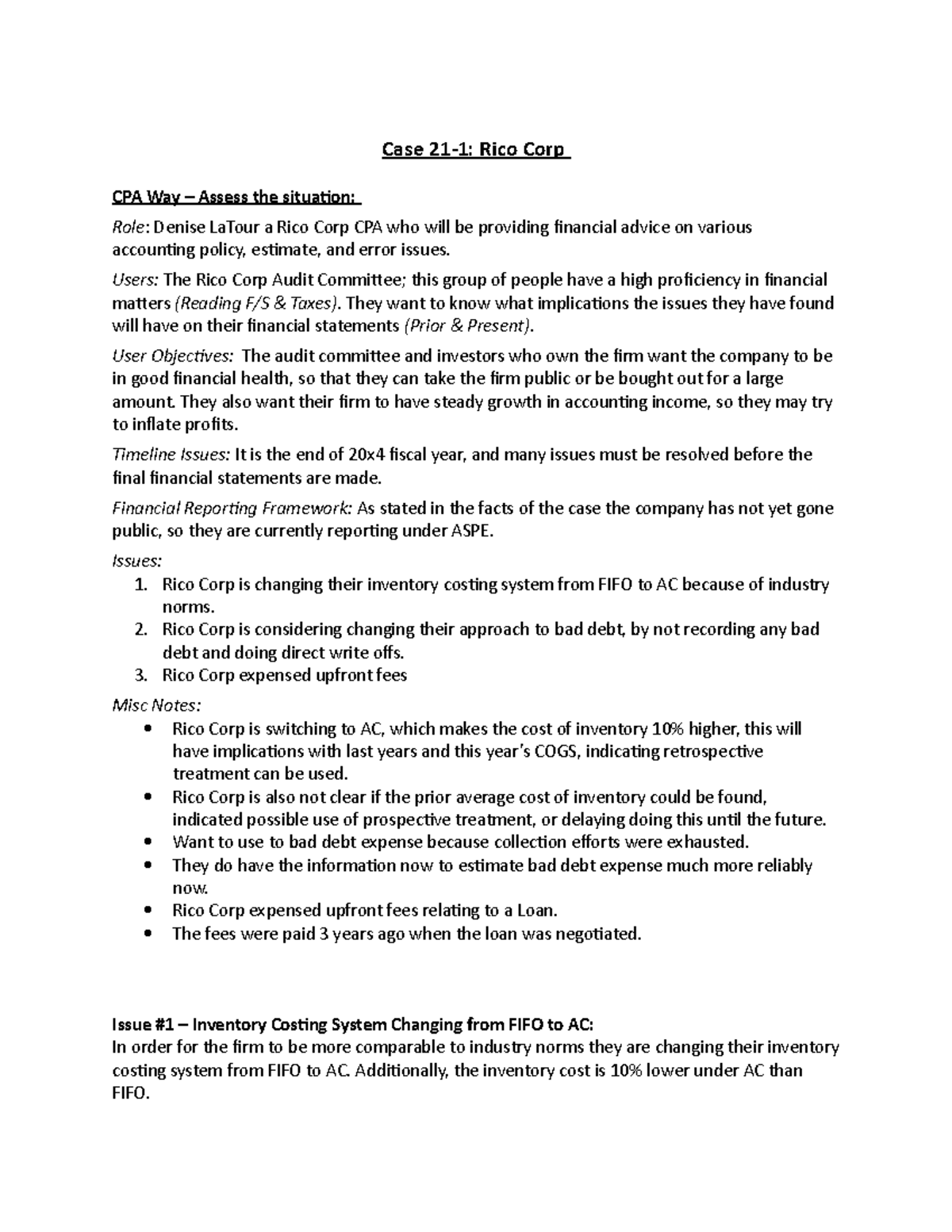 AFA 500 21-1 Case - case assignments - Case 21-1: Rico Corp CPA Way ...