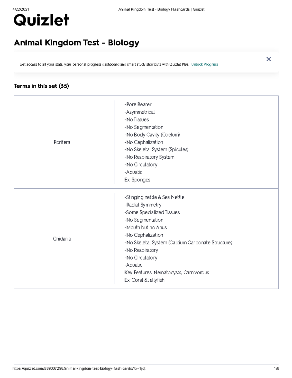 Animal Kingdom Test - Biology Flashcards Quizlet - Animal Kingdom Test ...