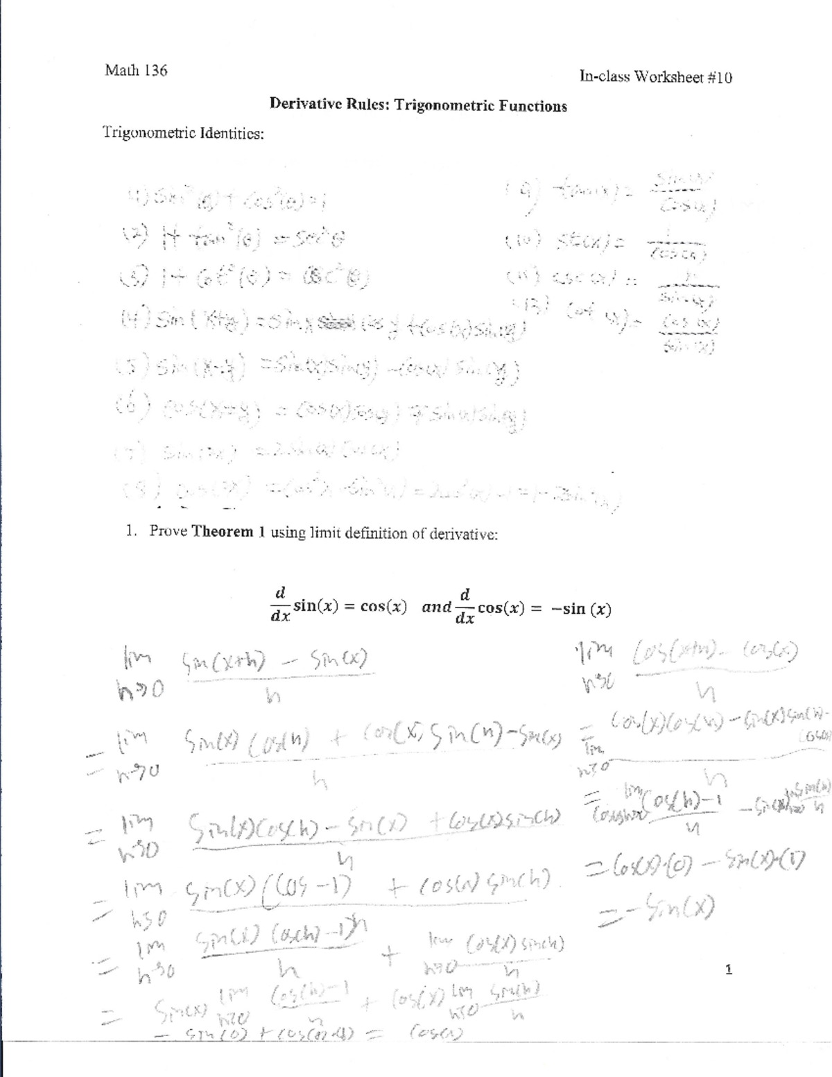 In Class Worksheet 10 - Math 136 Worksheet Derivative Rules ...