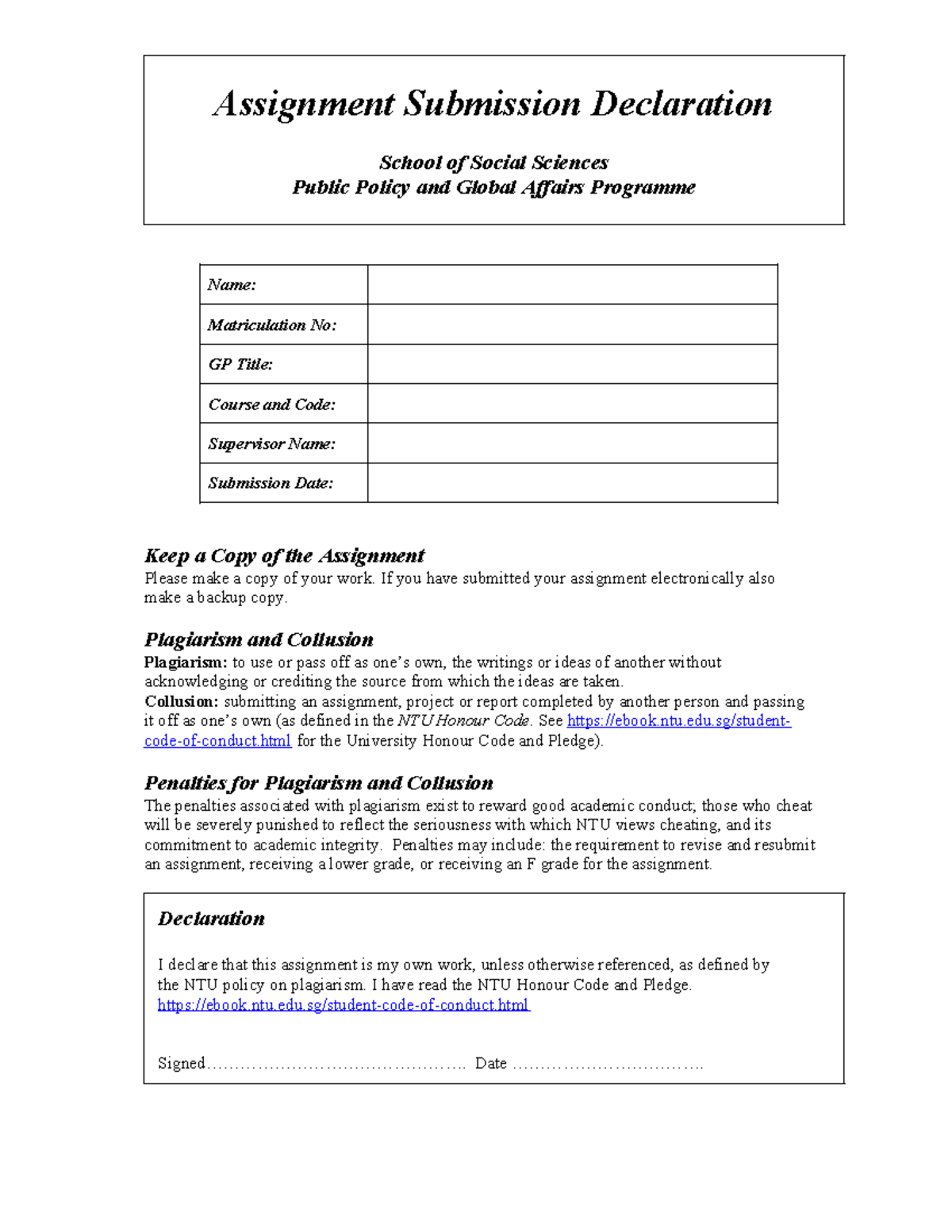 Assignment-declaration - Assignment Submission Declaration School of ...