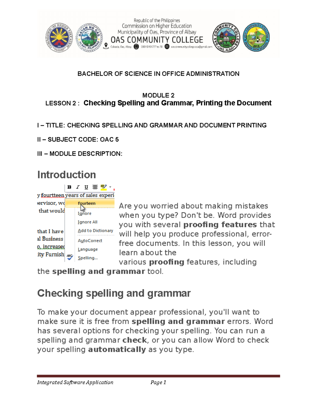 Module 2 Lesson 2 Integ - BACHELOR OF SCIENCE IN OFFICE ADMINISTRATION ...