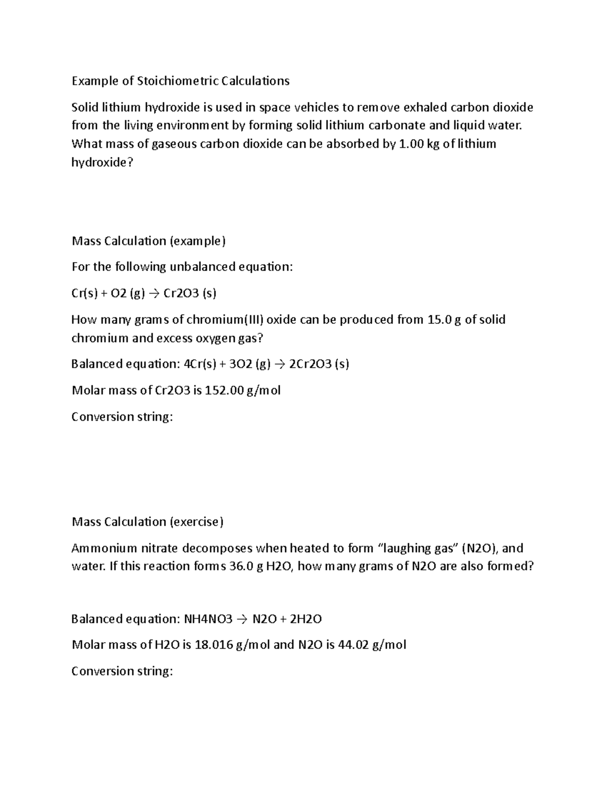 165 - Example of Stoichiometric Calculations - Example of ...