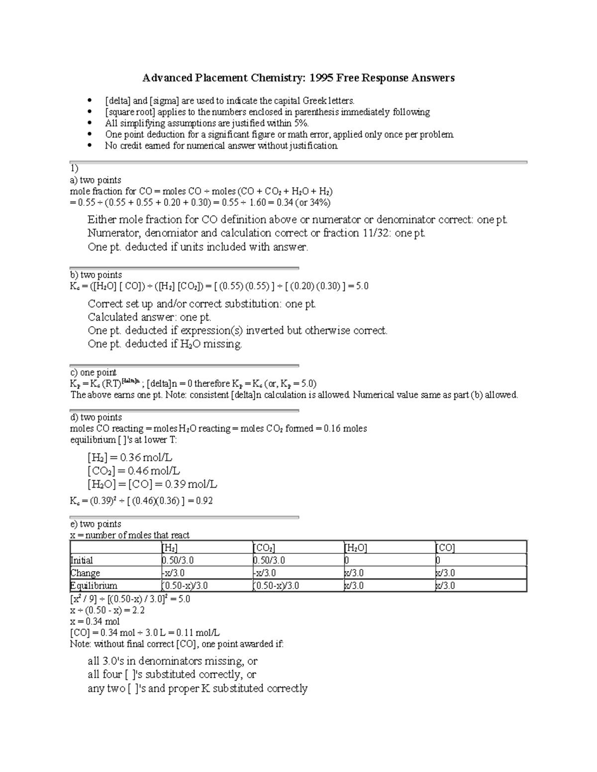 Answers 1995 Free Response - Advanced Placement Chemistry: 1995 Free ...