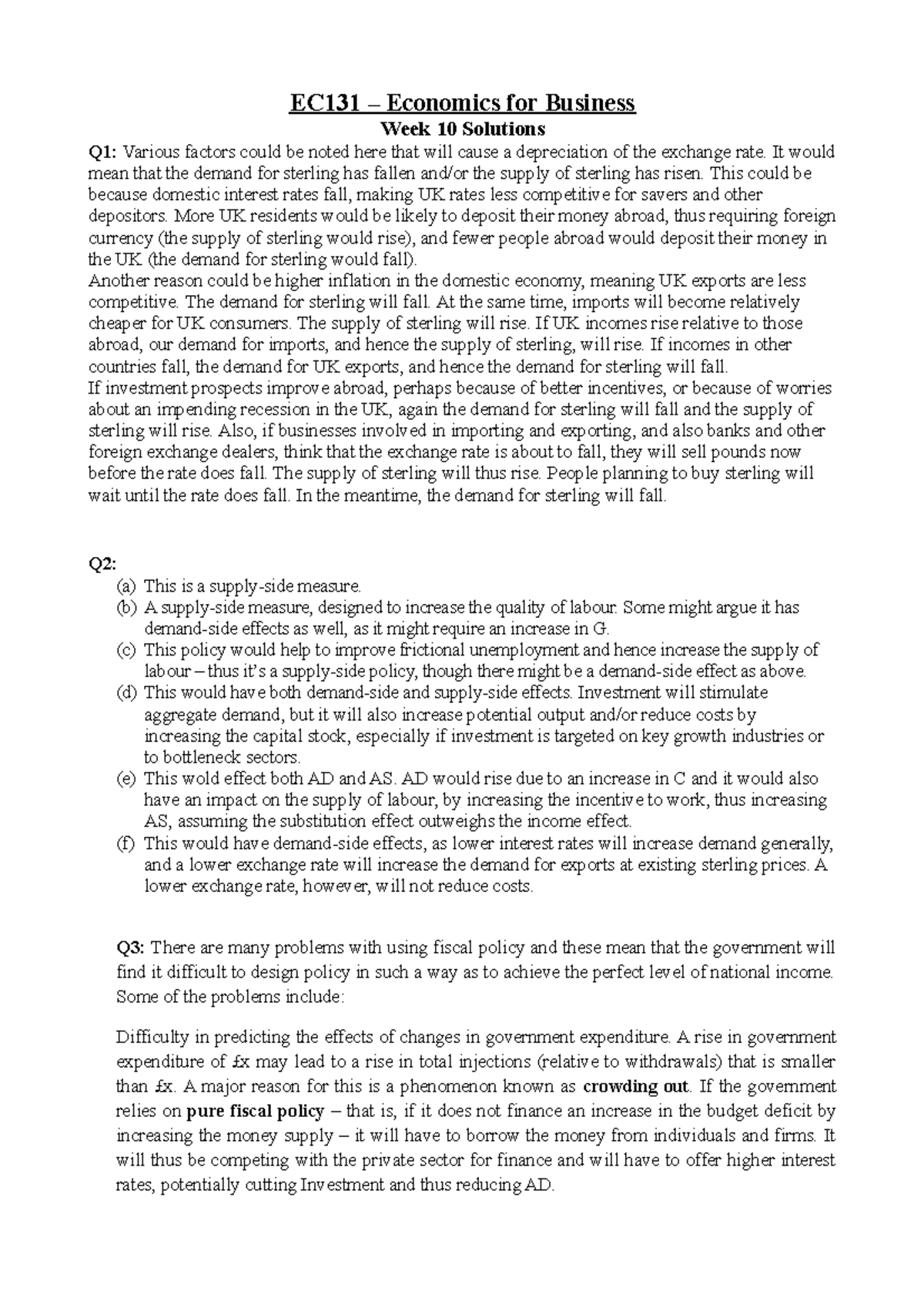 Seminar 10 - Solution for tutorial - EC131 – Economics for Business ...