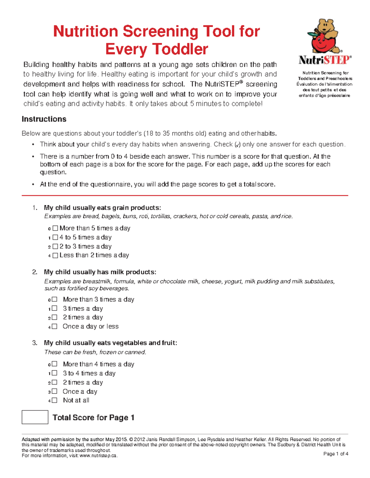NSG 3053 Toddler nutrition screening tool. Health assessment - Adapted ...