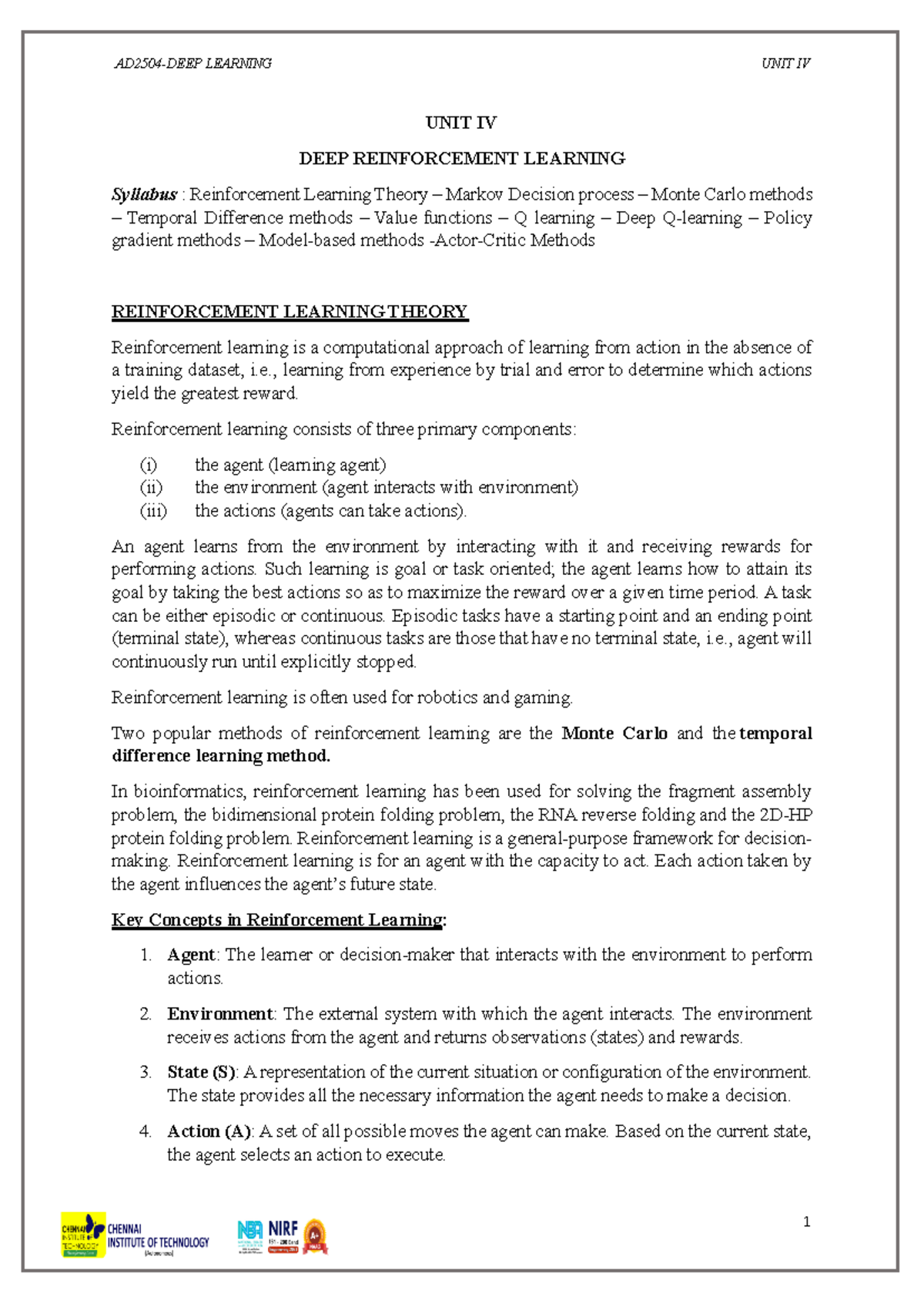 DL UNIT IV - Notes for the DL Lectures - UNIT IV DEEP REINFORCEMENT ...