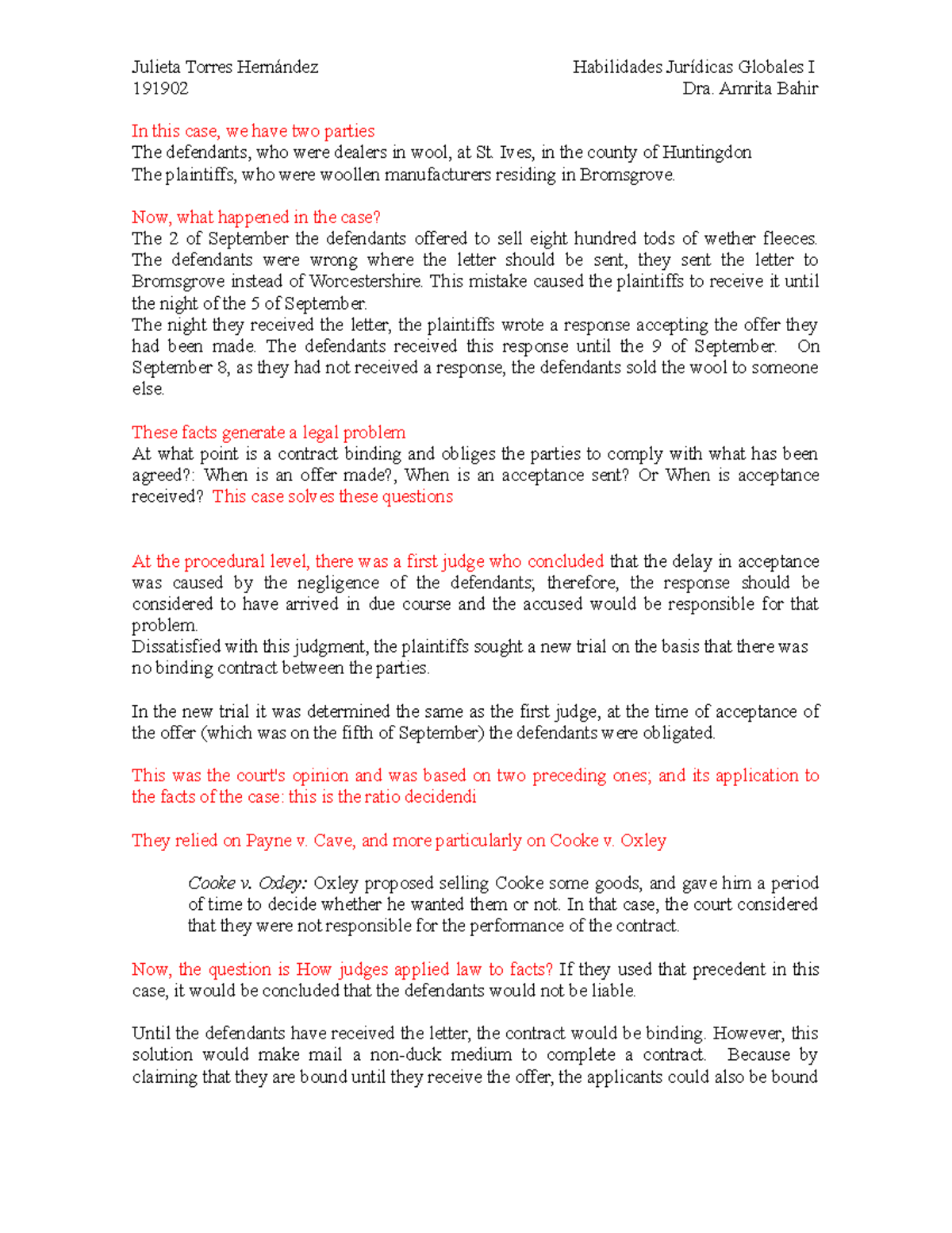 Case Brief Adam v Lindsell - Julieta Torres Hernández Habilidades ...