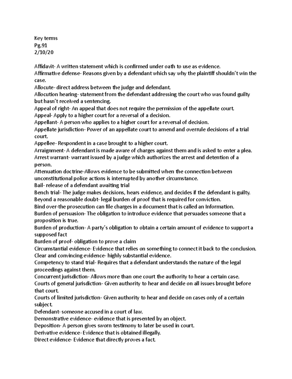 Key Terms Page 91 Key Terms Pg 2 10 Affidavit A Written Statement