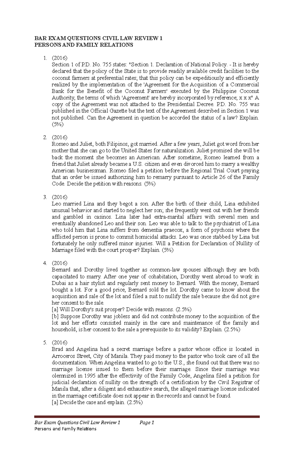 357808440 1 Bar Exam Questions Civil Law Review 1 Persons and Family ...