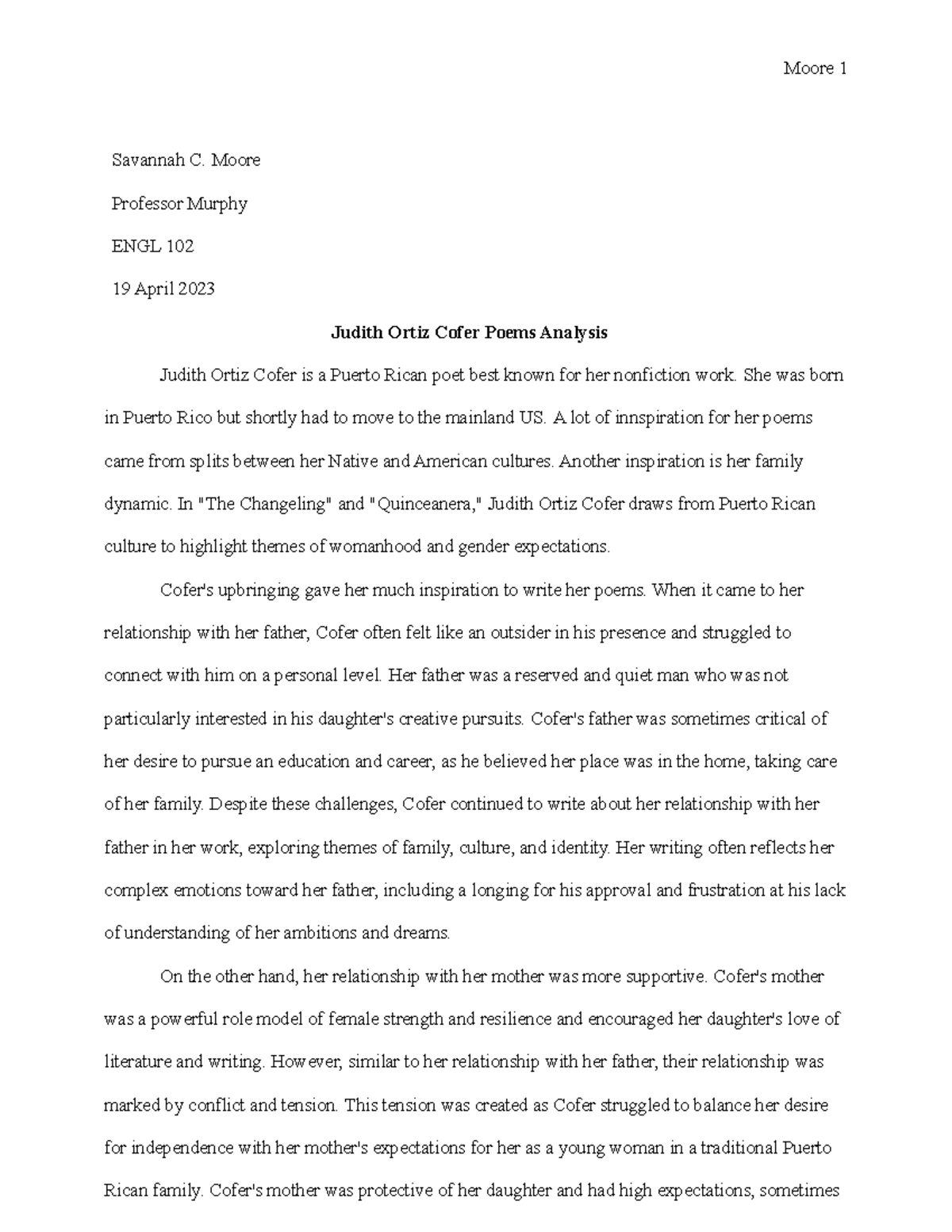 Judith Ortiz Cofer Poems Analysis - Savannah C. Moore Professor Murphy ...