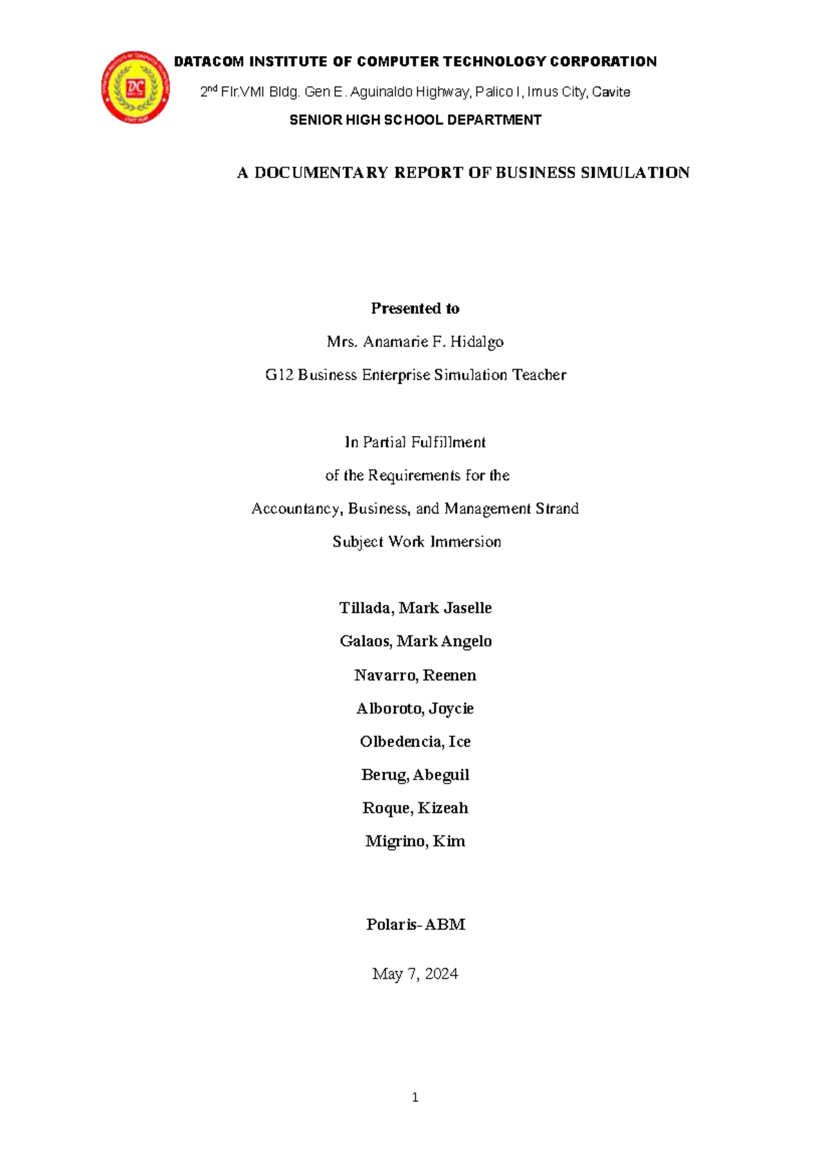 A Documentary Report OF Business Simulation group 3 Part 5 - 2 nd Flr ...