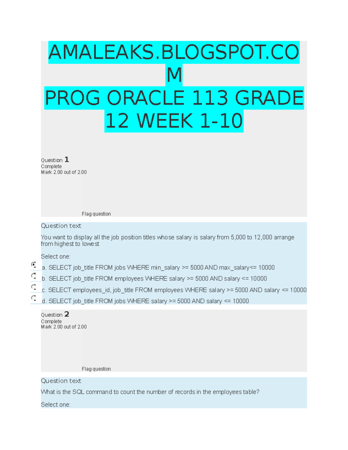 PROG Oracle 113 Week 1-10 - AMALEAKS.BLOGSPOT M PROG ORACLE 113 GRADE 12 WEEK 1- Question 1 ...