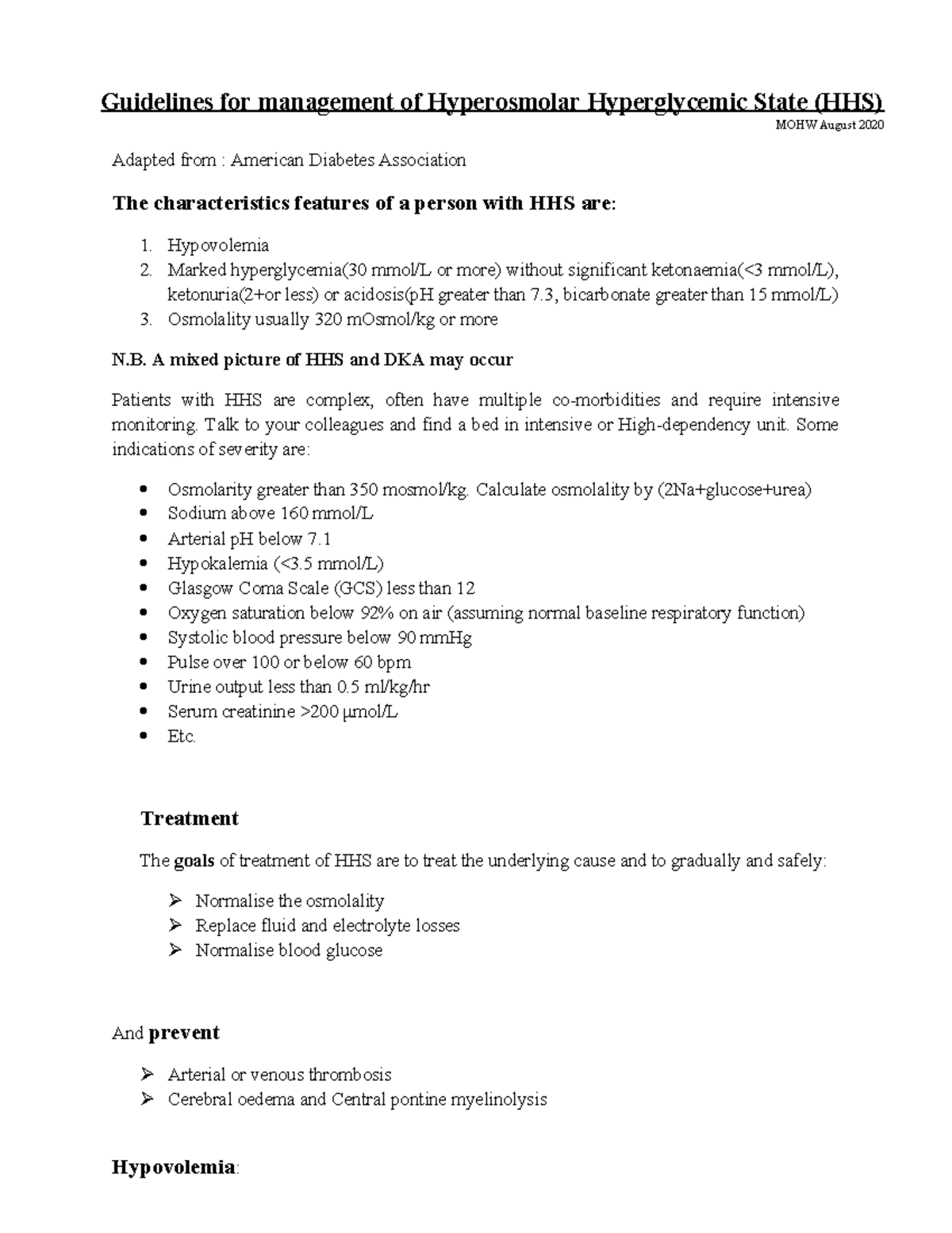 Guidelines for management of Hyperosmolar Hyperglycemic State ...
