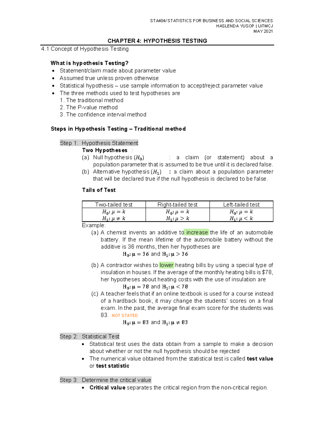 STA Chapter 4 Notes - HASLENDA YUSOP | UiTMCJ MAY 2021 CHAPTER 4 ...