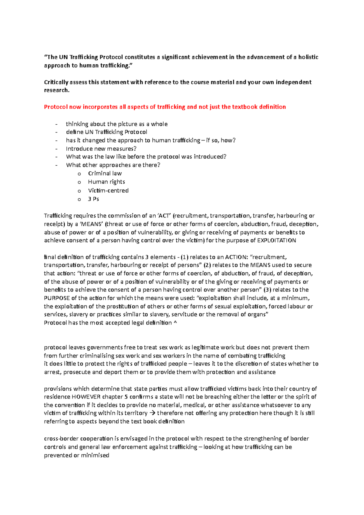 Essay plan on : "The UN Trafficking Protocol constitutes a significant ...