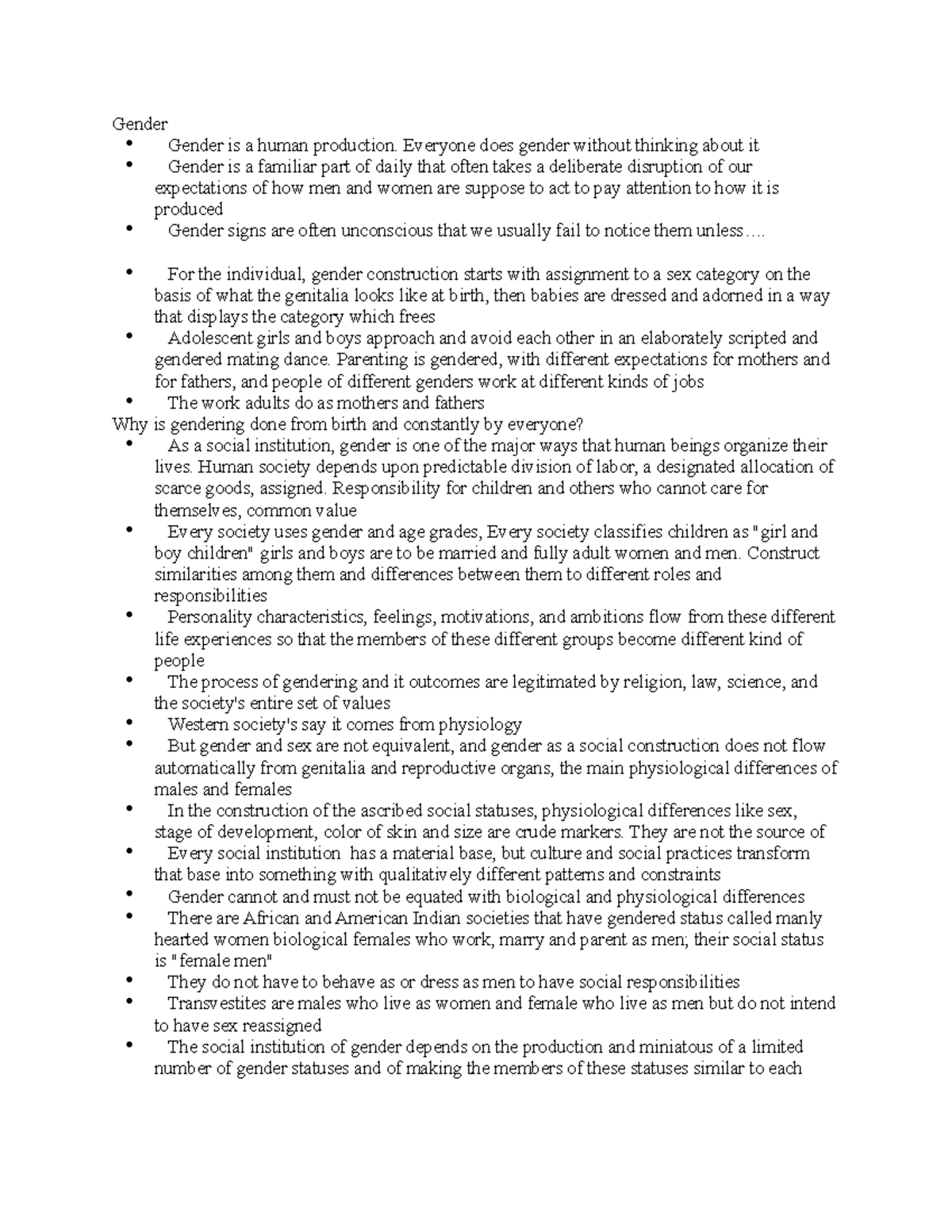 Gender Lec 2 - Lecture notes 2 - Gender Gender is a human production ...