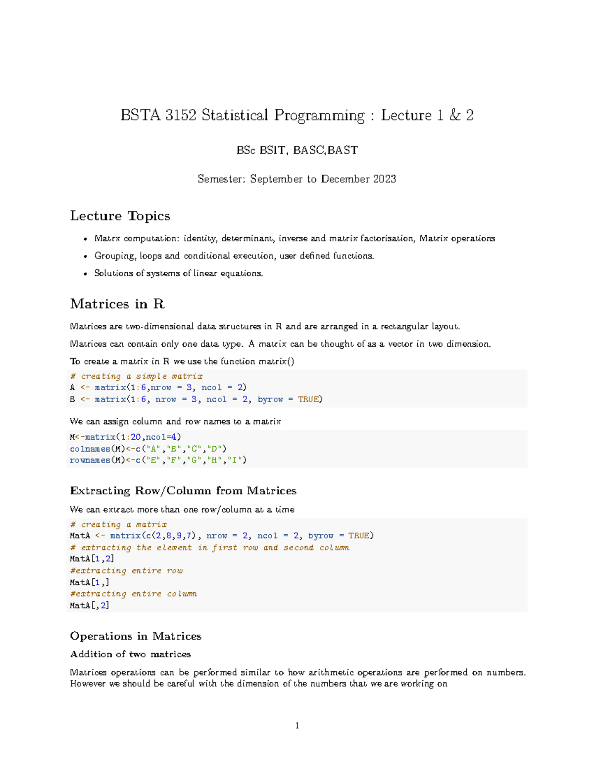 BSTA 3152 Statistical Programming Lecture 1 2 - BSTA 3152 Statistical Programming : Lecture 1 ...