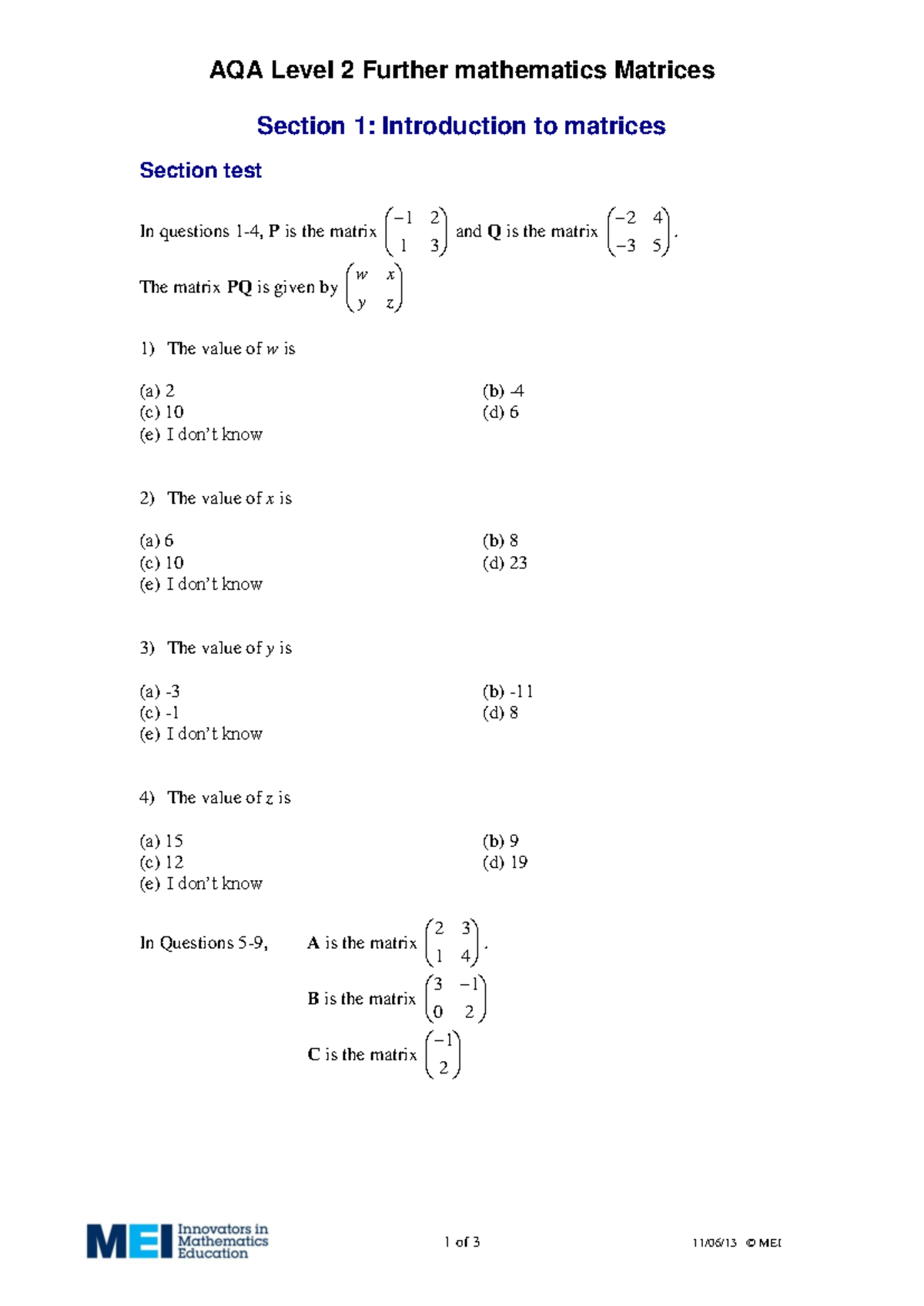 Introduction to Matrices Test - AQA Level 2 Further mathematics ...