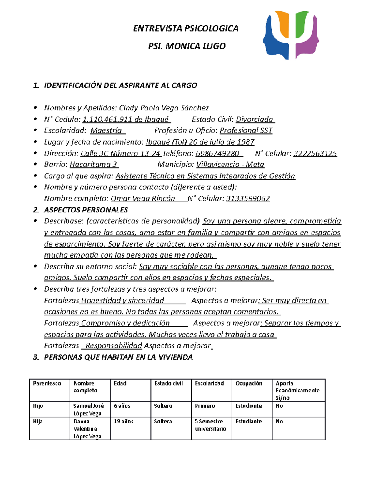 Formato de entrevista - PSI. MONICA LUGO 1. IDENTIFICACIÓN DEL ...
