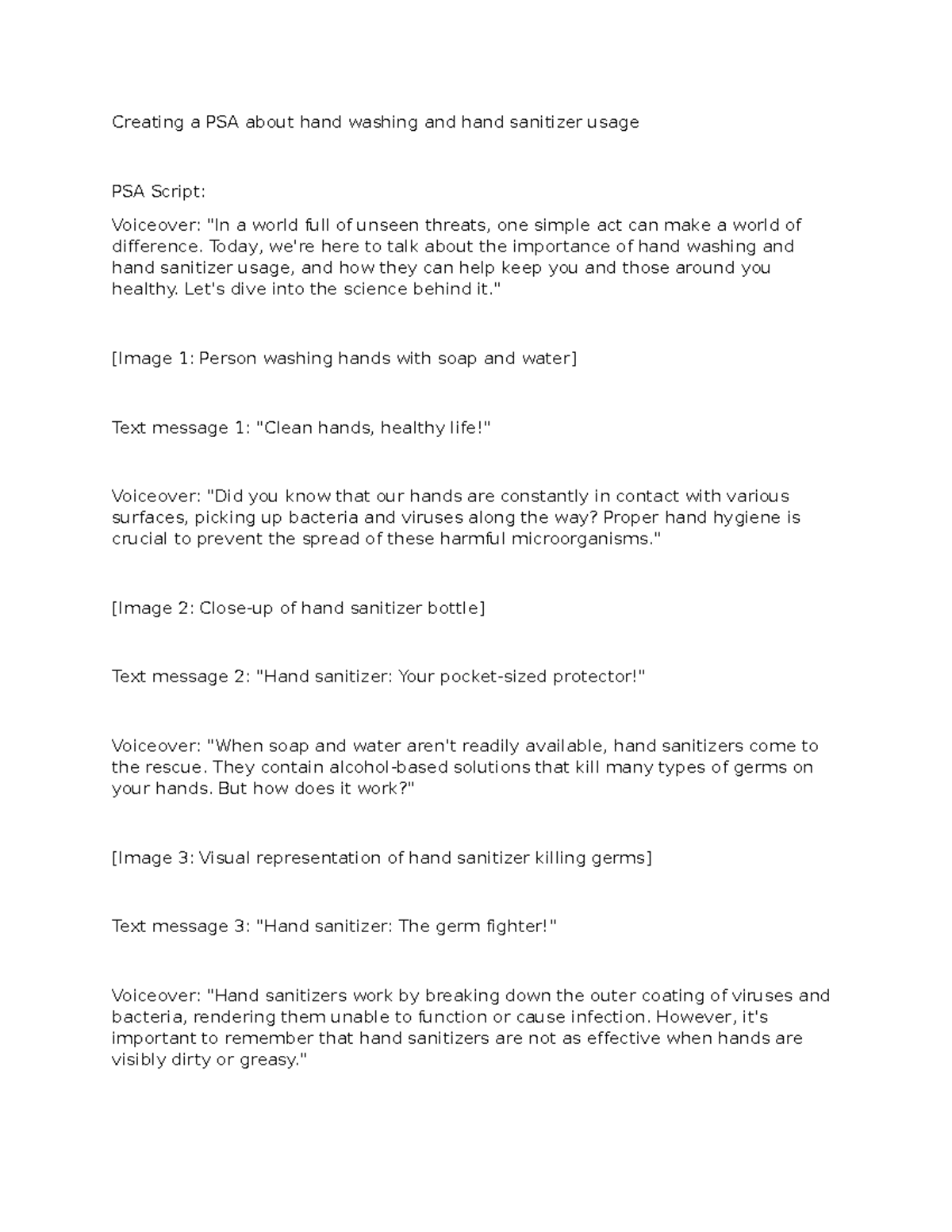 PSA Script - Creating a PSA about hand washing and hand sanitizer usage ...