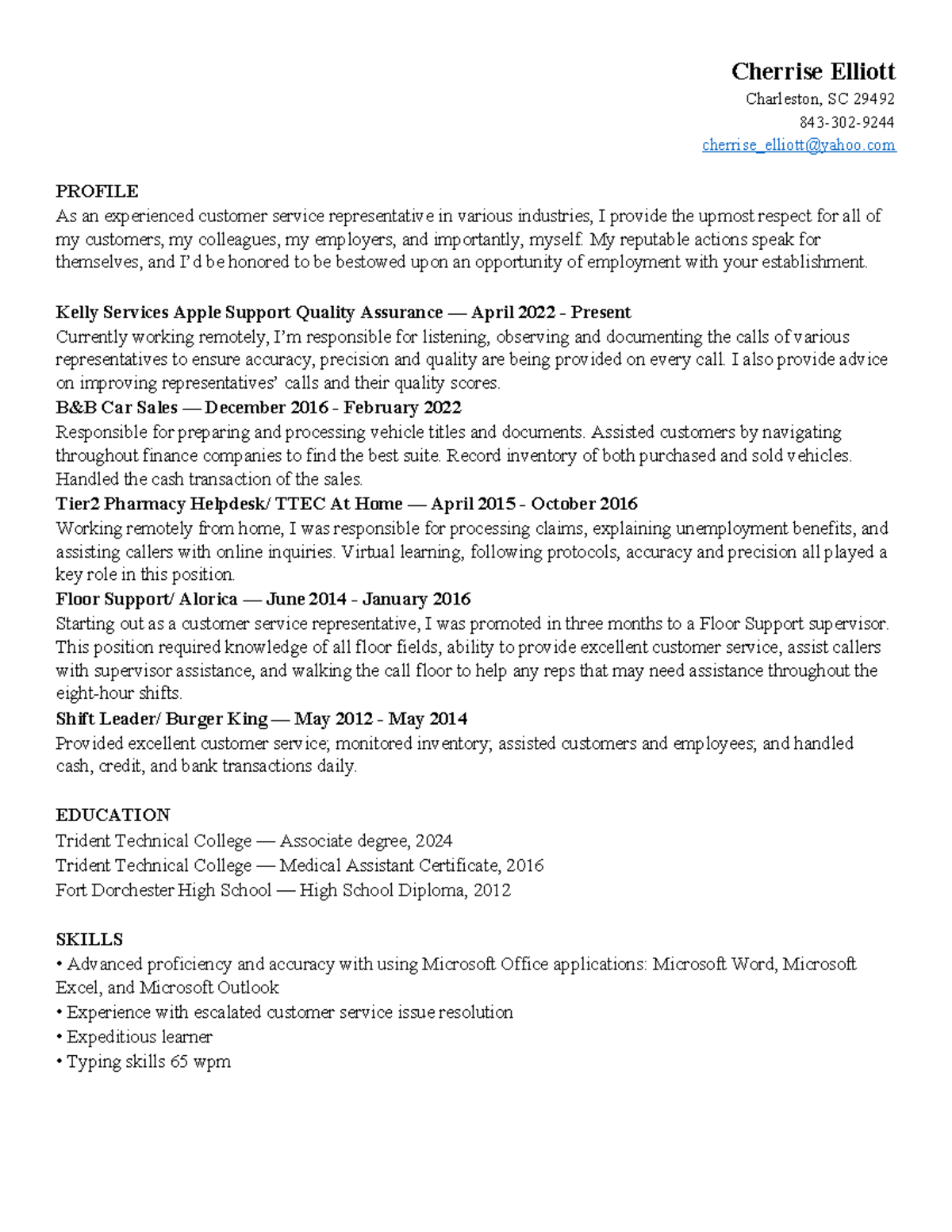 Resume 2023 WFH - Cherrise Elliott Charleston, SC 29492 843-302 ...