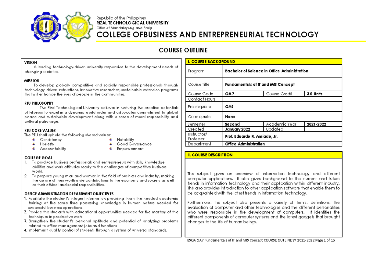 BSOA OA7 Fundamentals of IT and MIS Concept Course Outline SY 2021 2022 ...