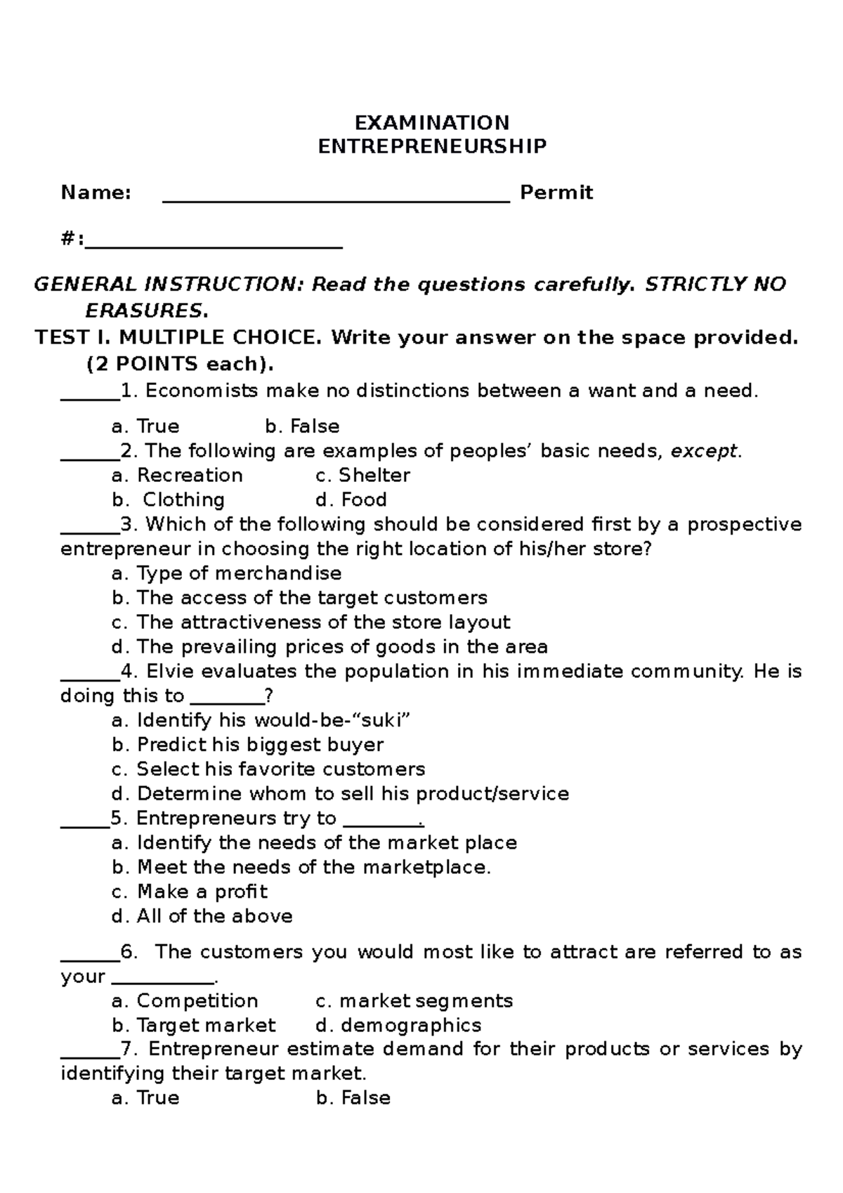 Examination 1 in Entrep - EXAMINATION ENTREPRENEURSHIP Name