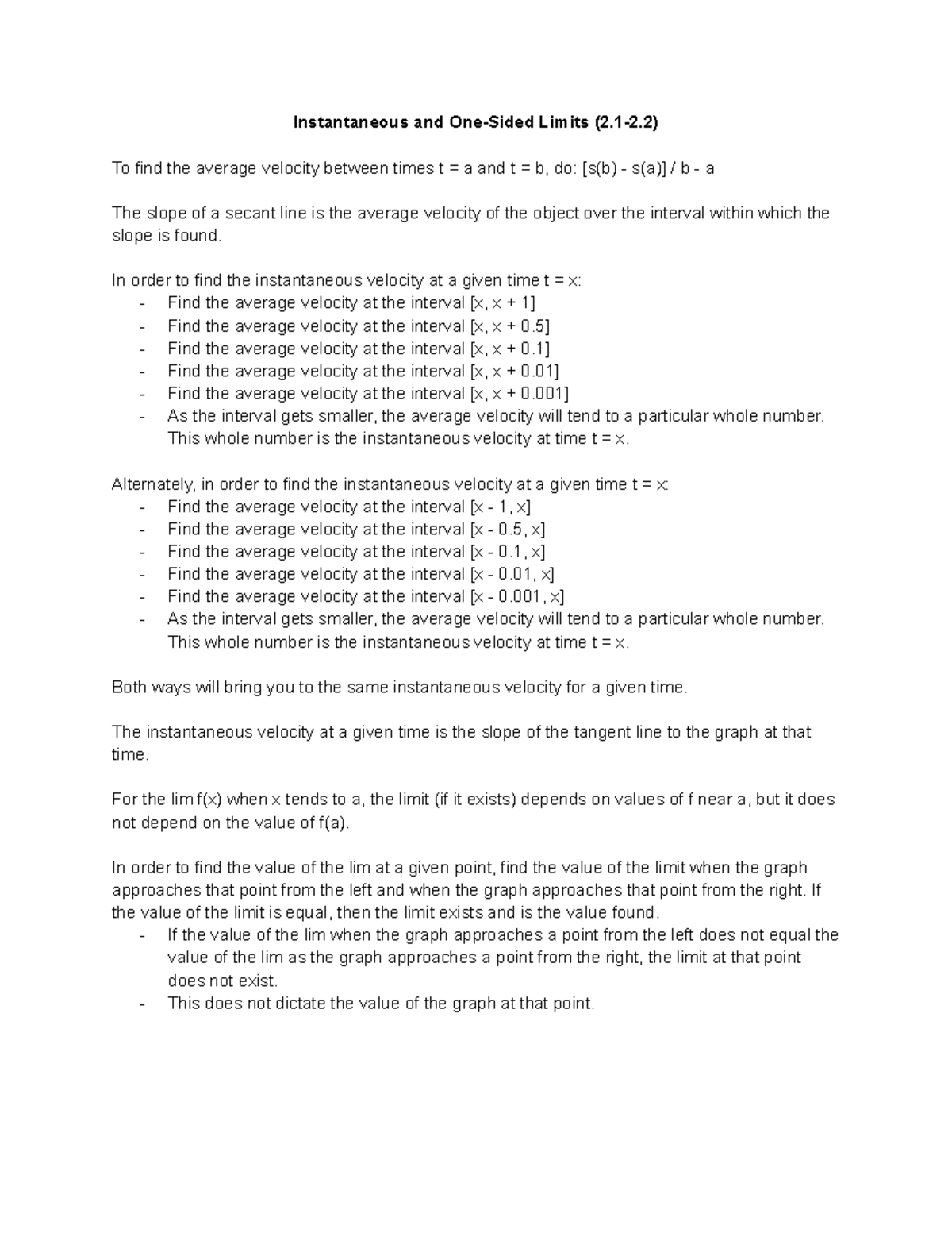 Calculus (MA123) Limits Notes - Instantaneous and One-Sided Limits (2.1 ...