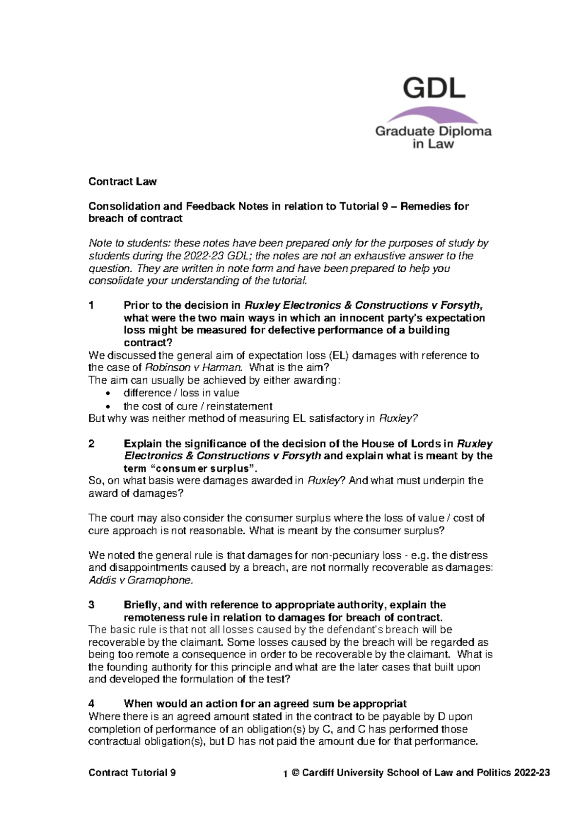 Con Tutorial 9 LC Notes 2022-23 - Contract Tutorial 9 1 © Cardiff ...