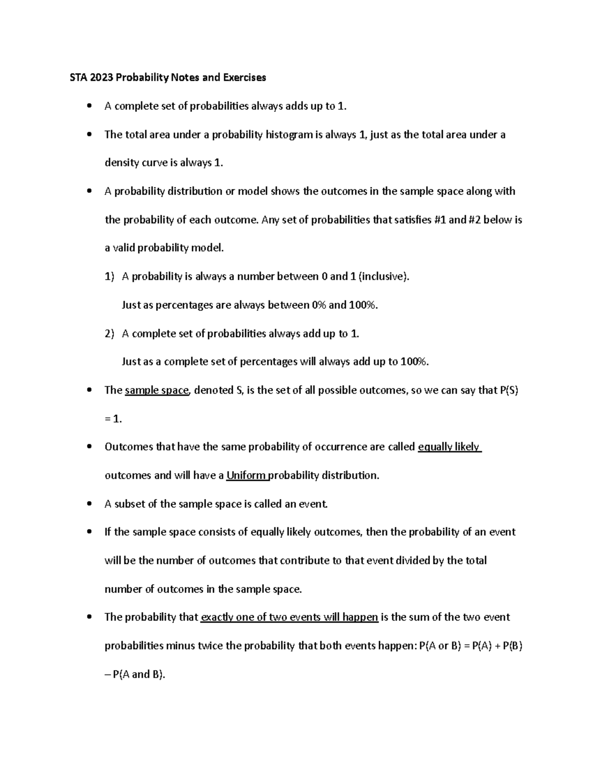 STA 2023 Probability Notes and Exercises - STA 2023 Probability Notes ...