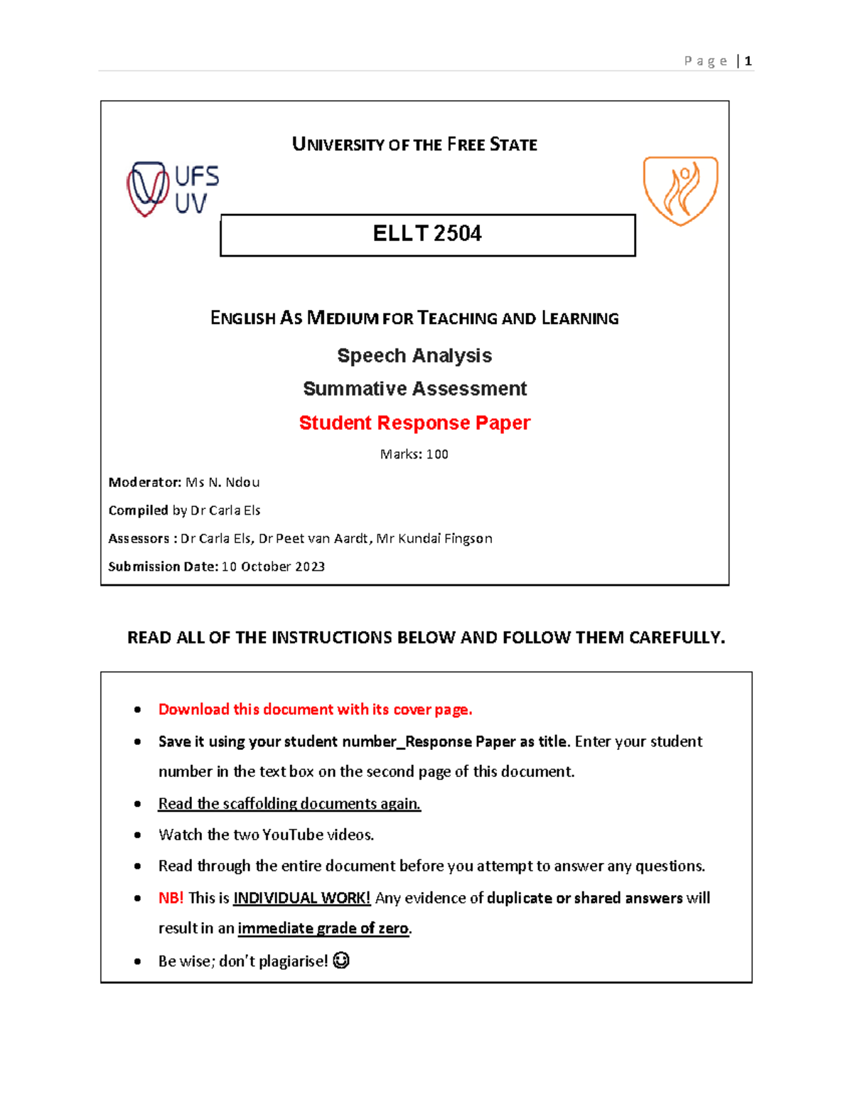 2023 ELLT 2504 Speech Analysis Assessment Student Template Answer Sheet ...