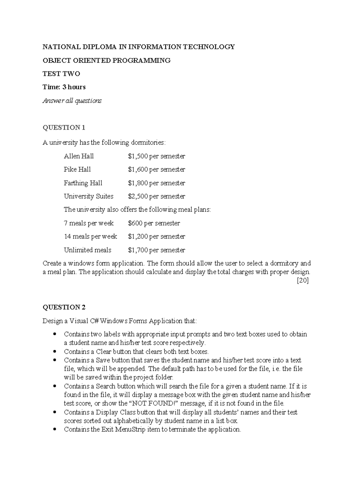 Oop Test 2 Object Oriented Programming In C National Diploma In Information Technology