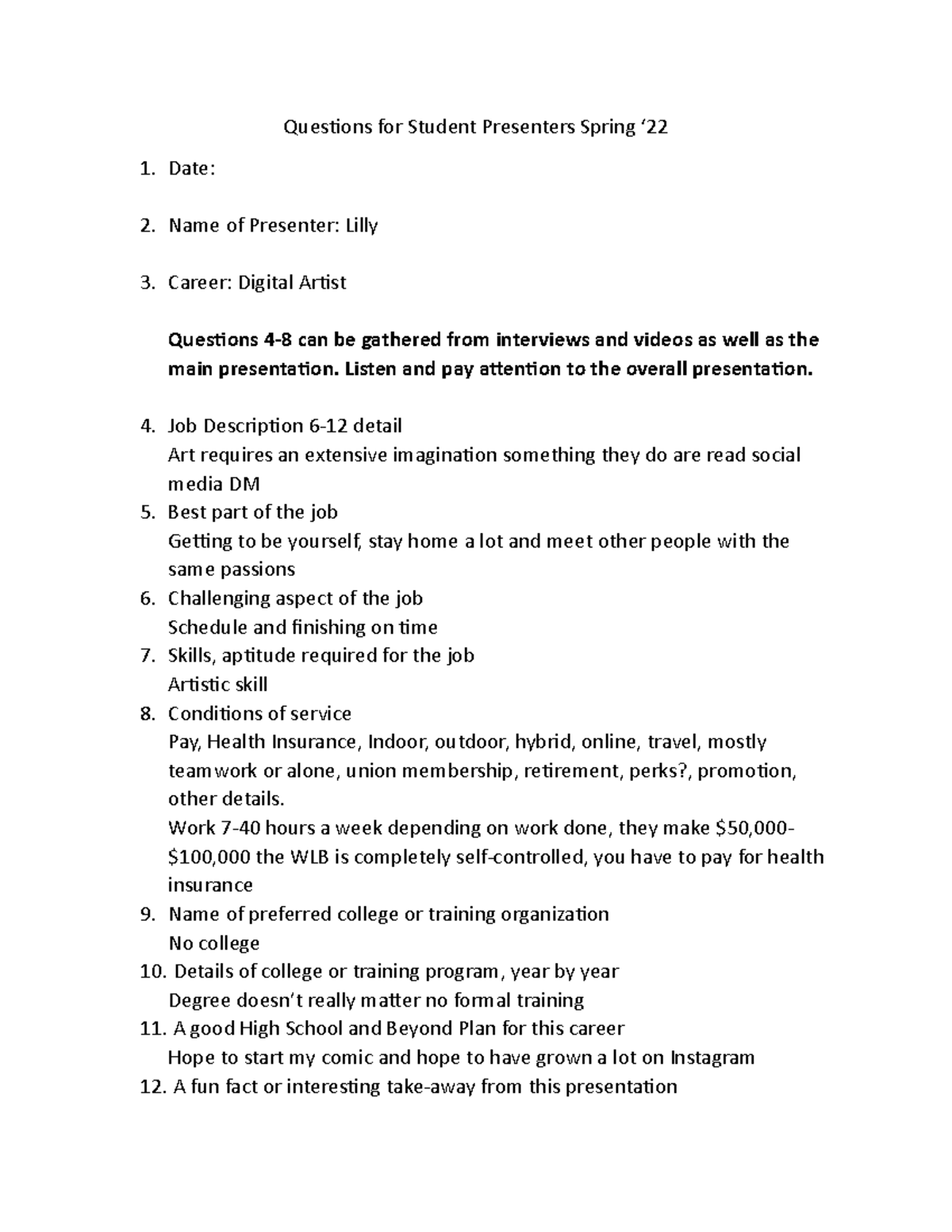 Lilly - lol - Questions for Student Presenters Spring ‘ Date: Name of ...