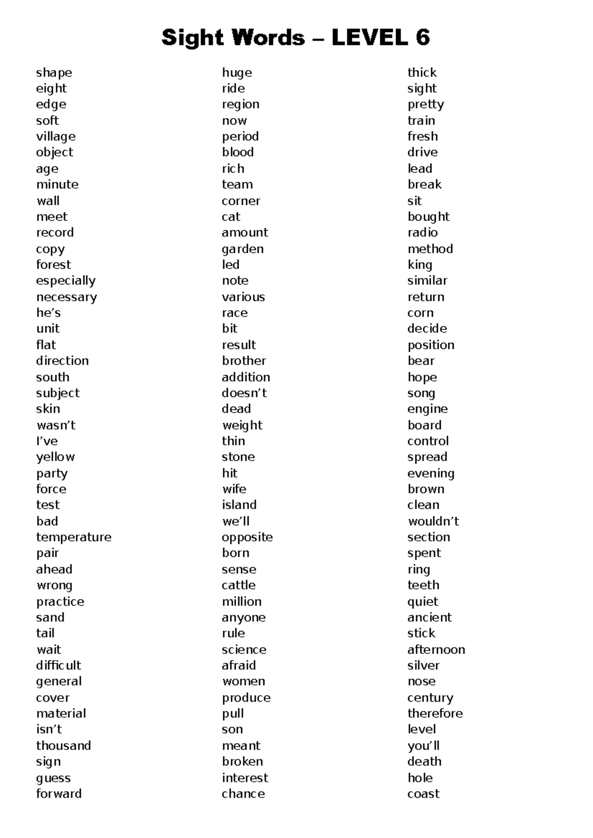 Sight Words 6TH Grade - Sight Words – LEVEL 6 shape eight edge soft ...