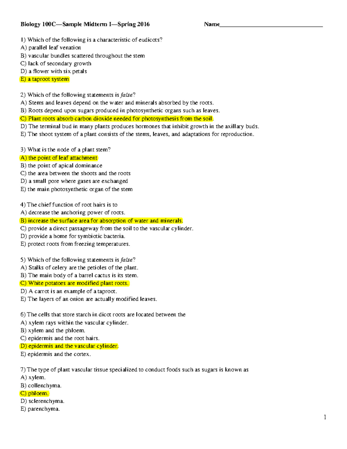 BIOL 100C Sample Midterm I Spring 2016 - Biology 100C—Sample Midterm I ...