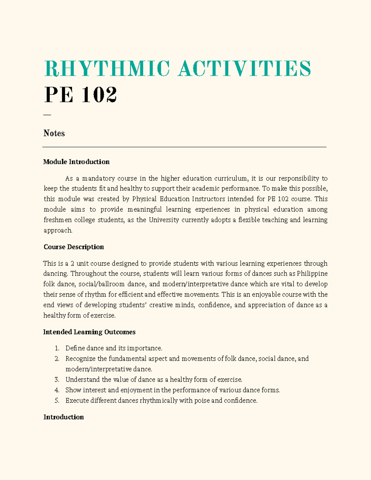 Class notes IN PE - RHYTHMIC ACTIVITIES PE 102 ___ Notes Module ...