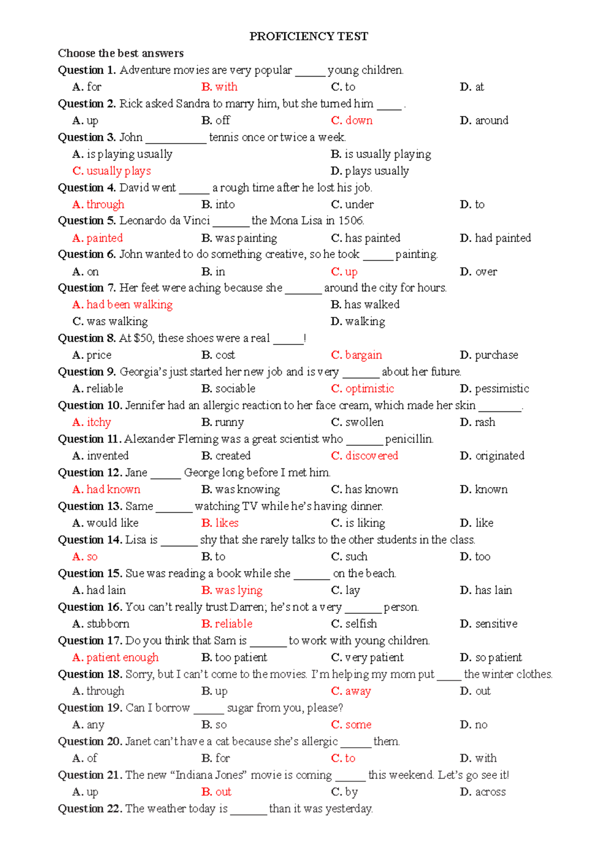 Proficiency TEST - PROFICIENCY TEST Choose the best answers Question 1 ...