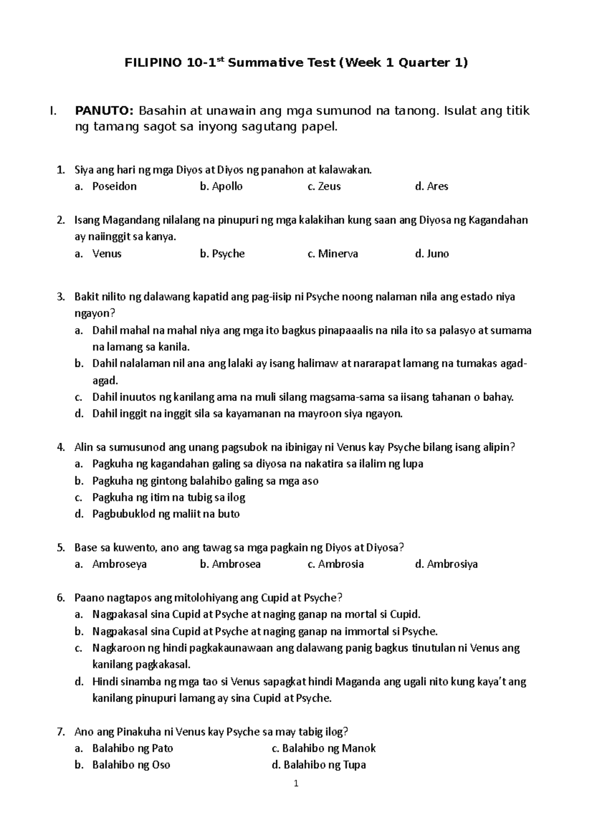 Filipino 10 -1st Summative test - FILIPINO 10-1st Summative Test (Week ...