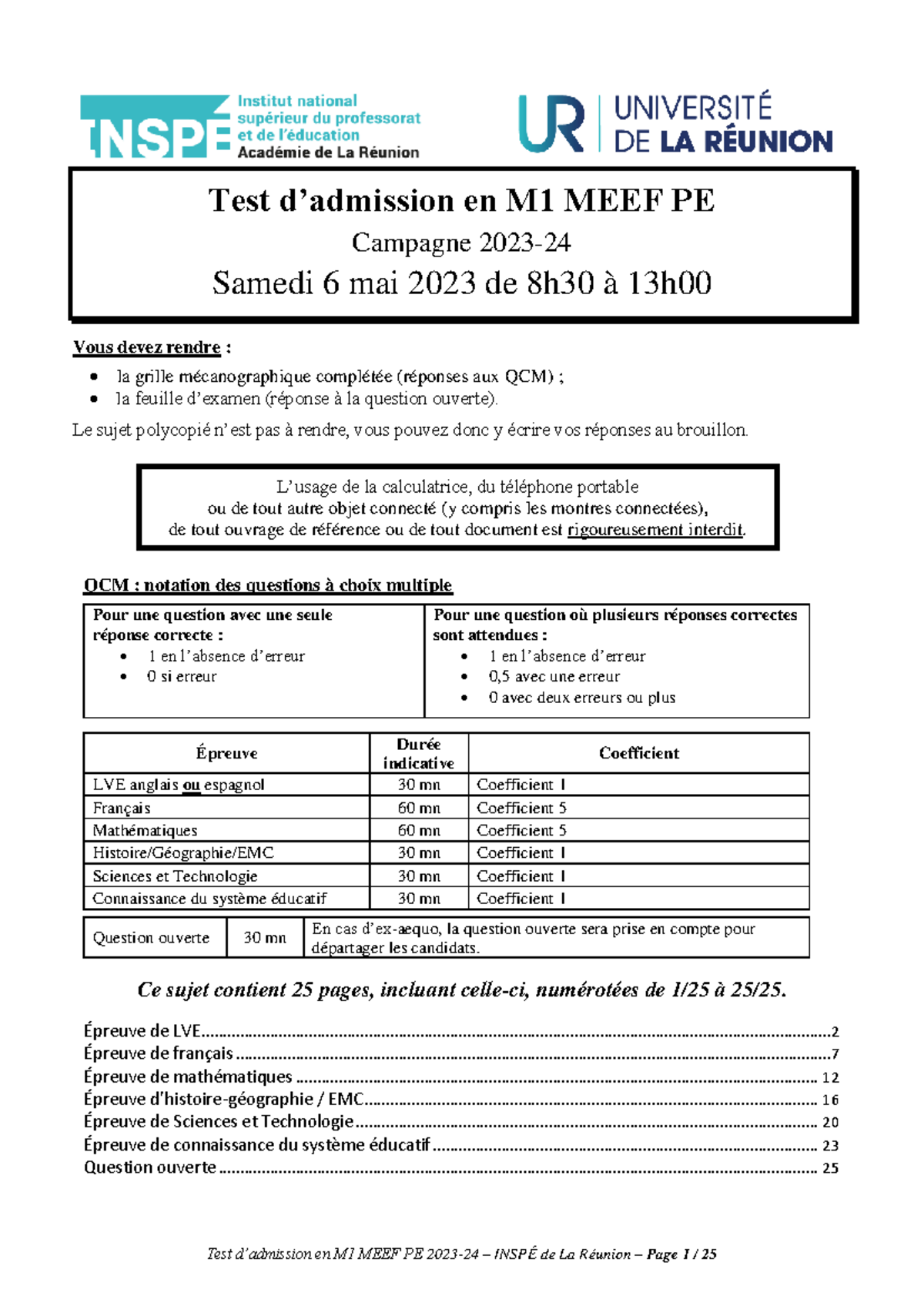 Test d’admission en M1 MEEF PE Campagne 2023-24 Samedi 6 mai 2023 de ...