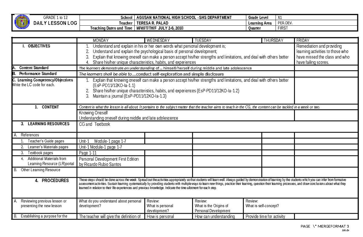 425864339 Dll 1 Intro to Personal Development - GRADE 1 to 12 DAILY ...
