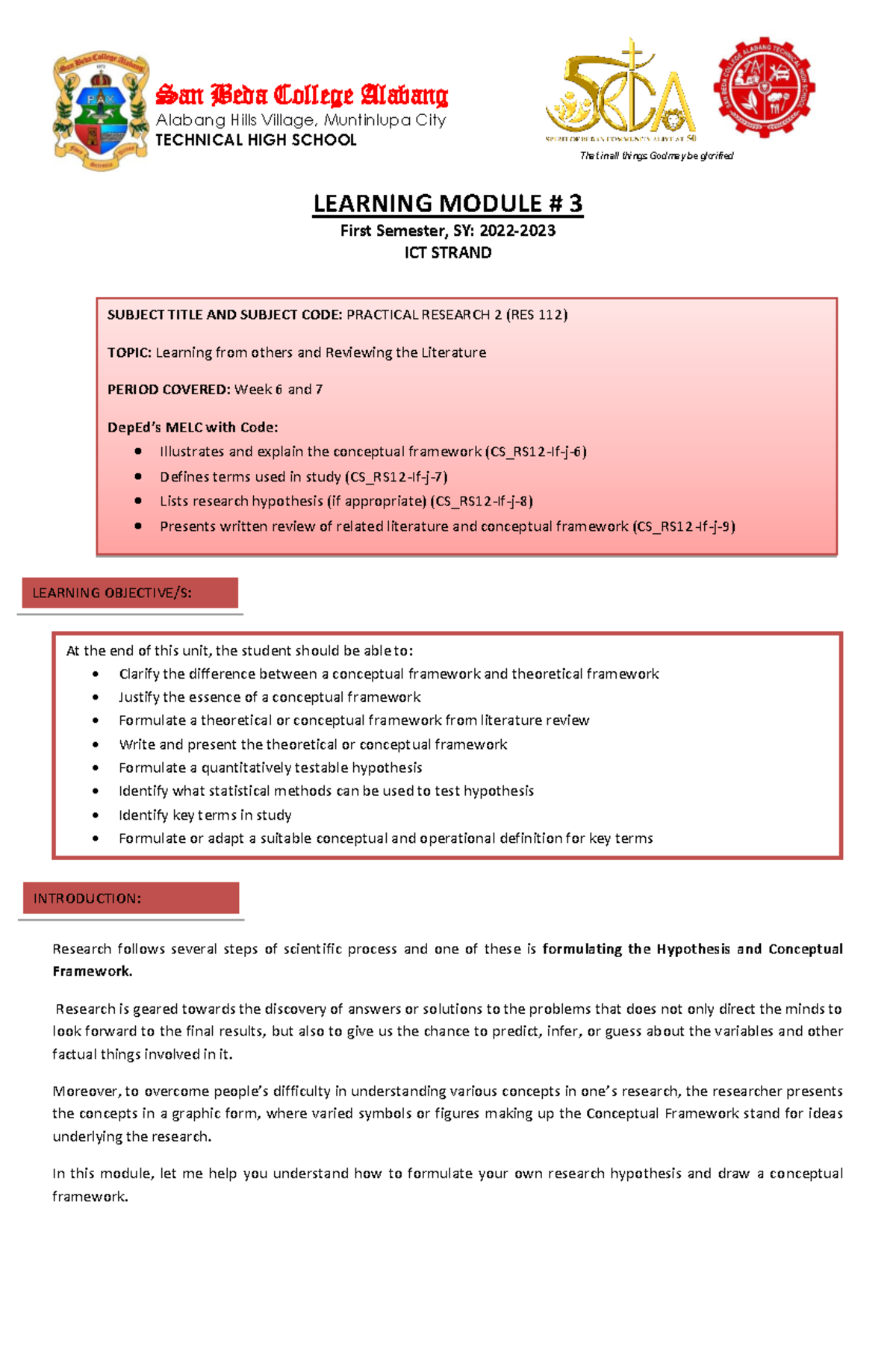 Hypotheses and Conceptual Framework (Module) - San Beda College Alabang ...