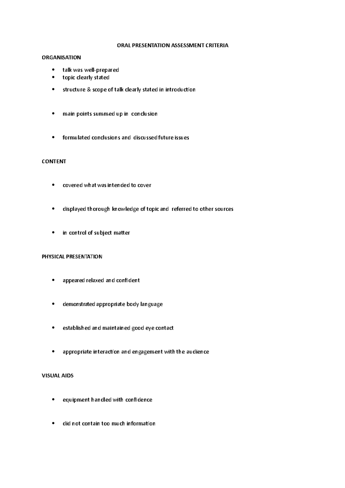 ORAL Presentation Assessment Criteria Final ORAL PRESENTATION