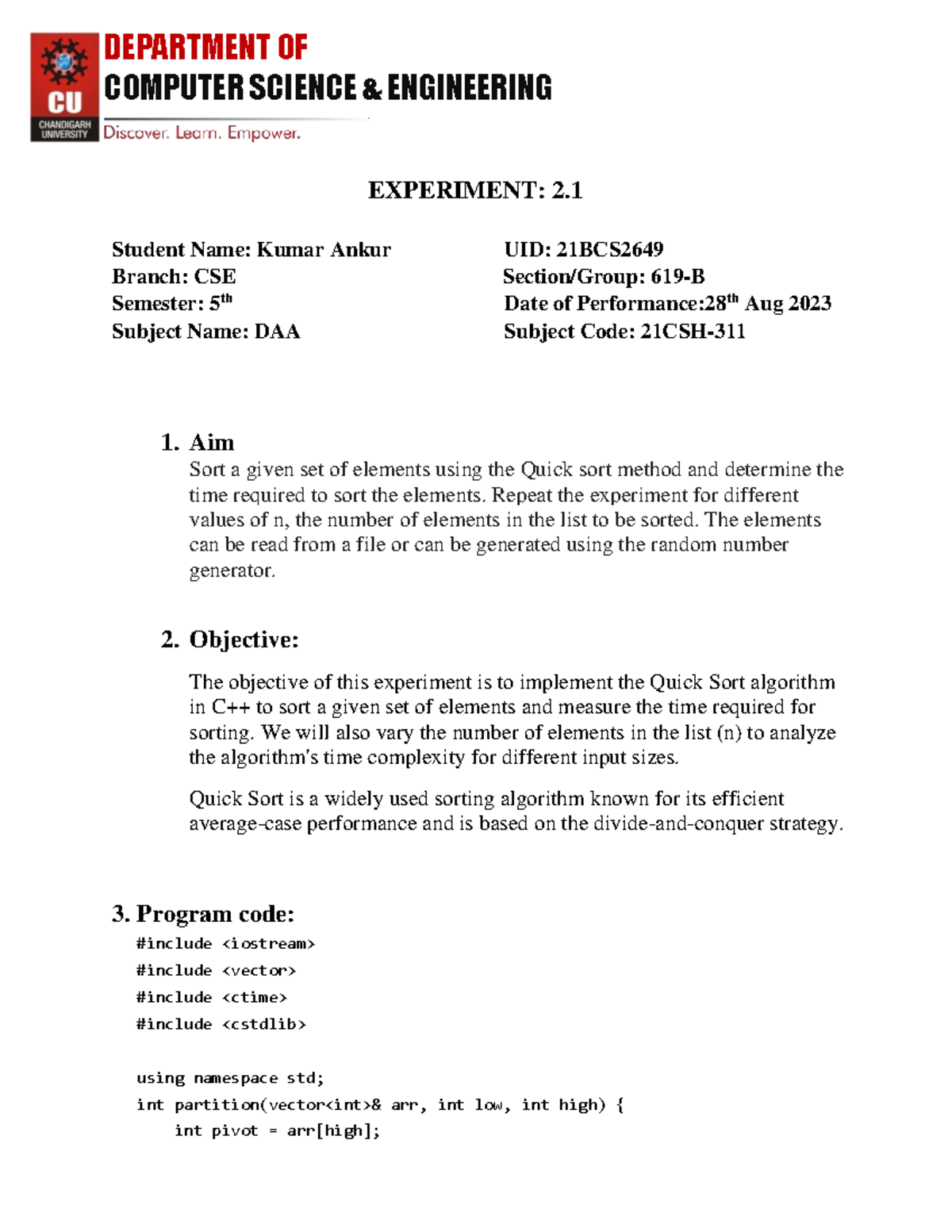 DAA worksheet 2 - COMPUTER SCIENCE & ENGINEERING EXPERIMENT: 2. Student ...
