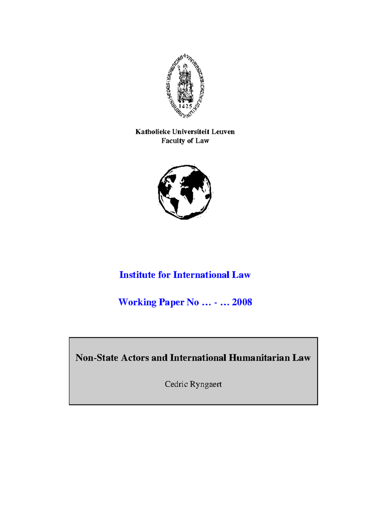Non State Actors In International Humanitarian Law Katholieke
