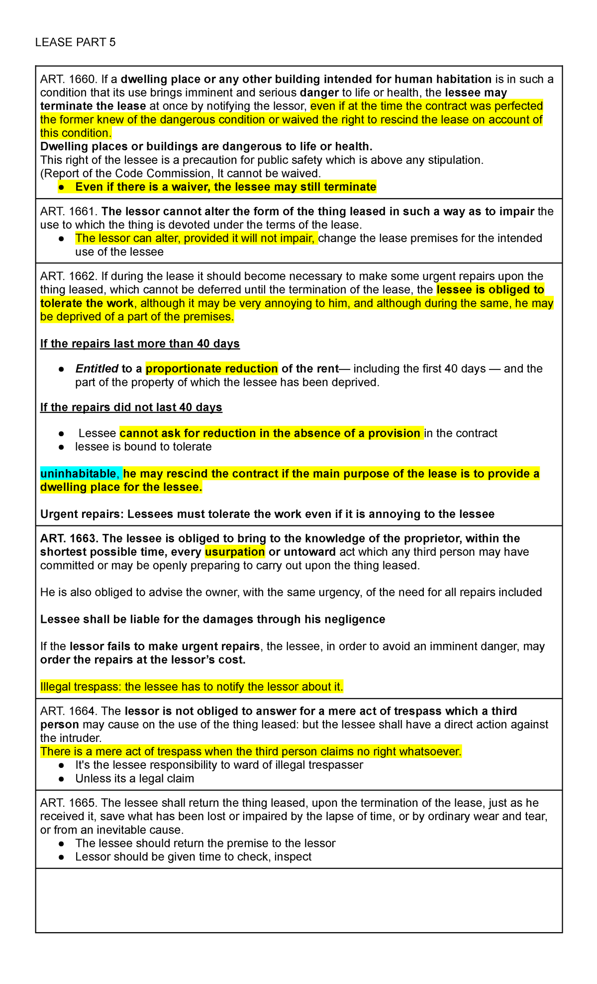 Lease PART 5 - STUDY NOTES - LEASE PART 5 ART. 1660. If a dwelling ...