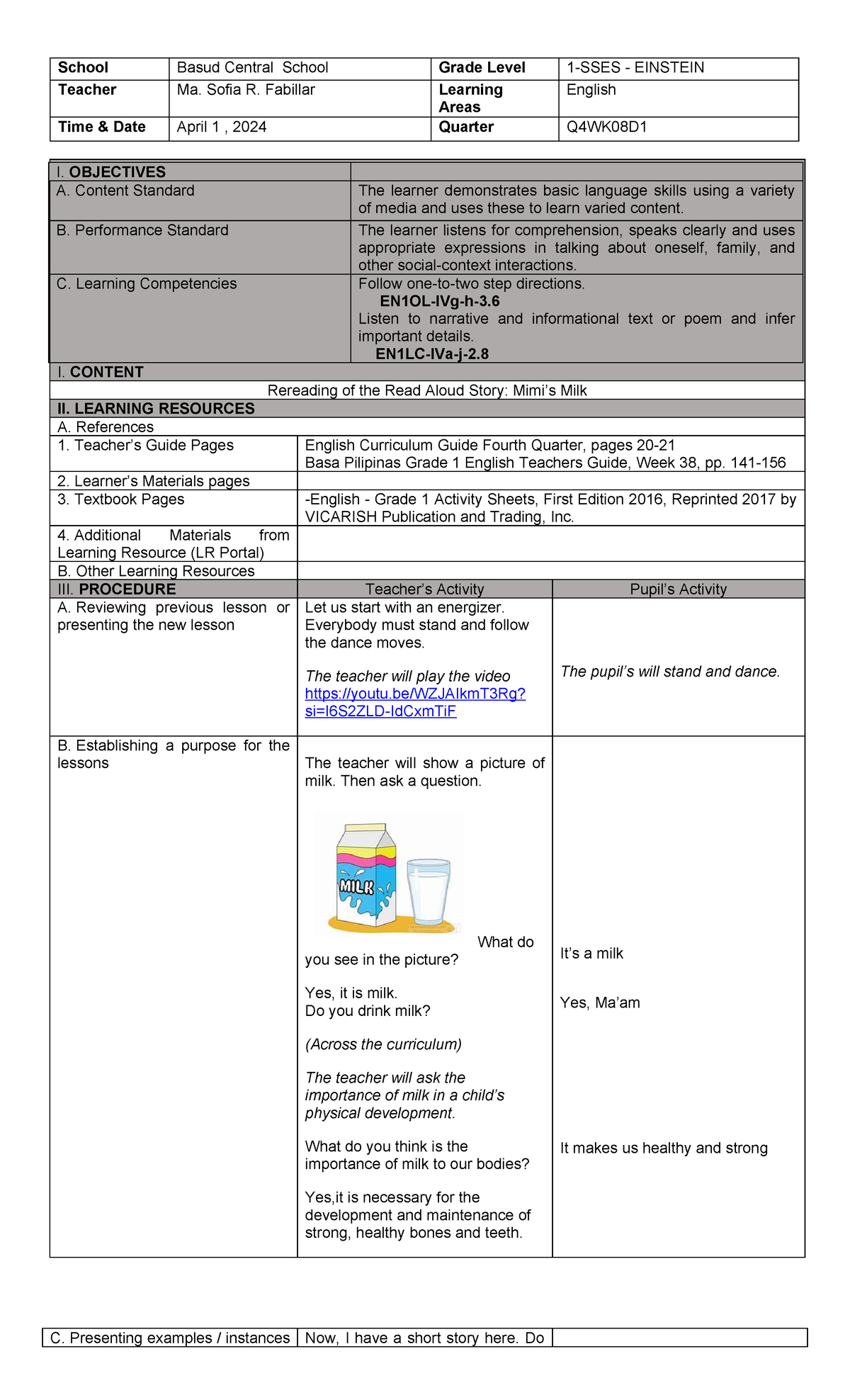 Final-DLP- Grade 1 - I. CONTENT Rereading of the Read Aloud Story: Mimi ...