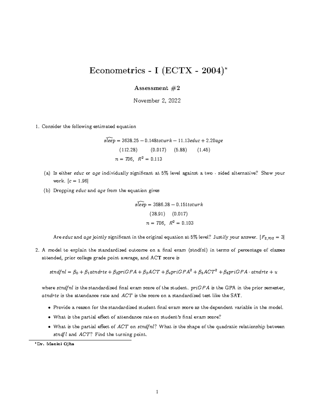 Test2 ECTX2004 Fall2022 - Econometrics - I (ECTX - 2004)∗ Assessment ...