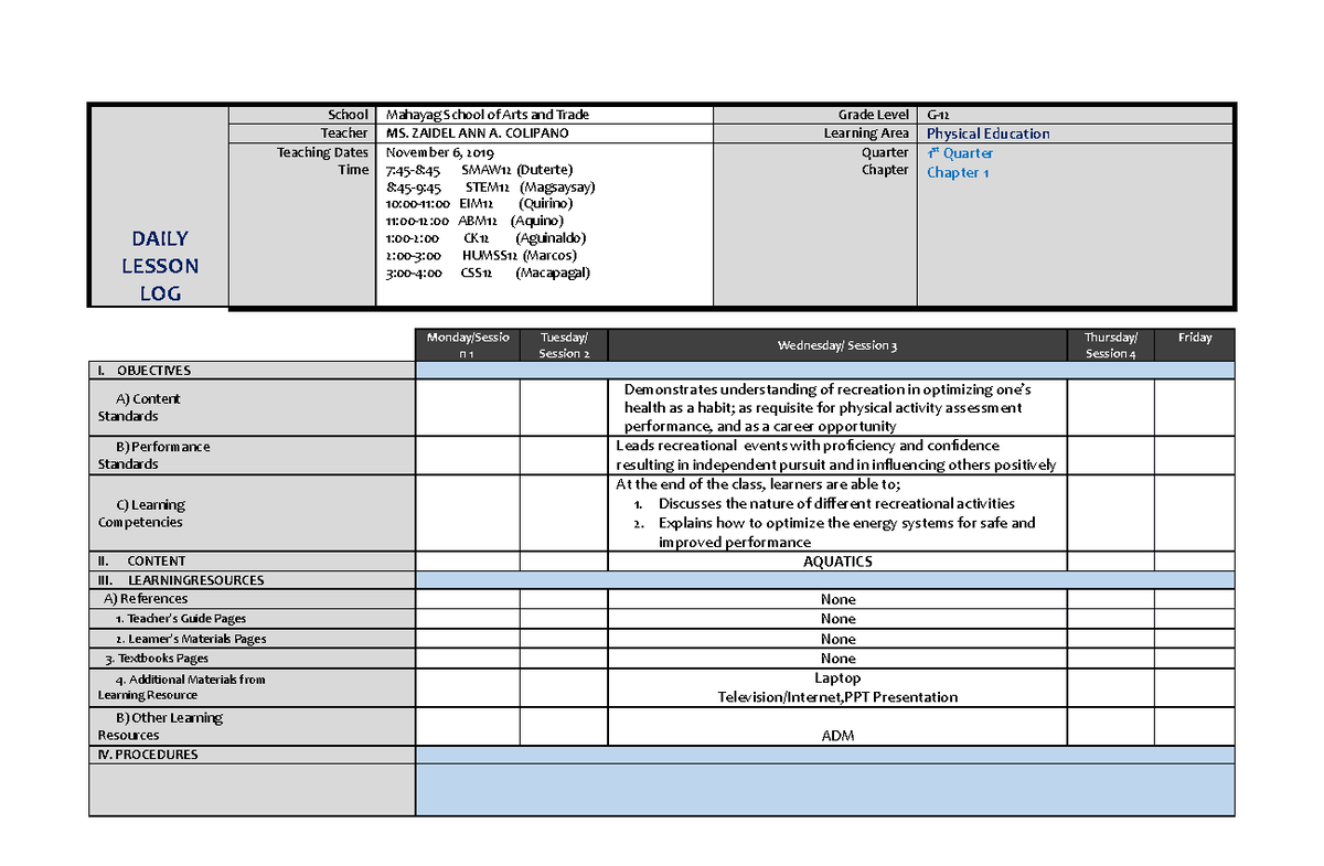 November 6, 2019 - Physical education - DAILY LESSON LOG School Mahayag ...