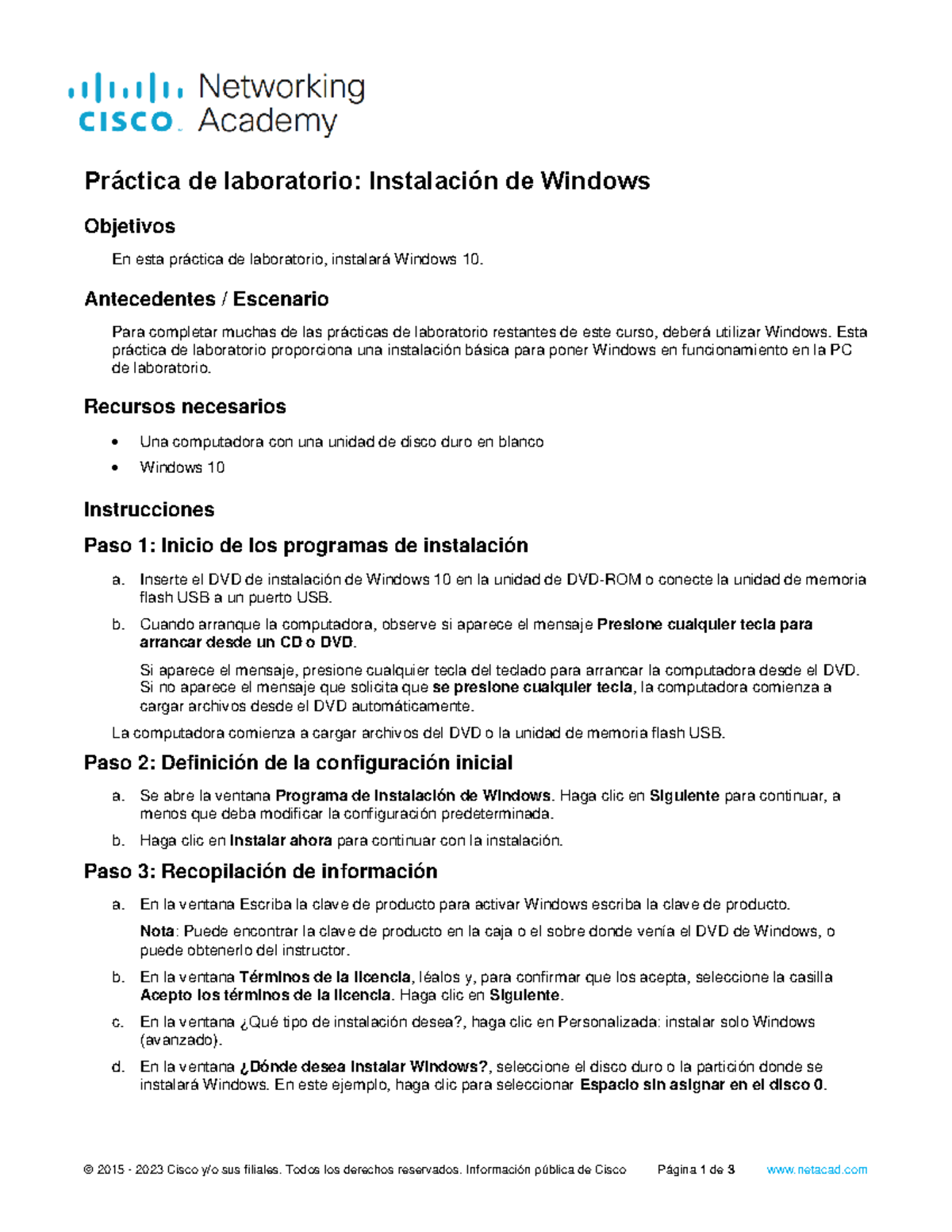 3.1.2.6 Lab - Install Windows (1) - 2015 - 2023 Cisco y/o sus filiales ...