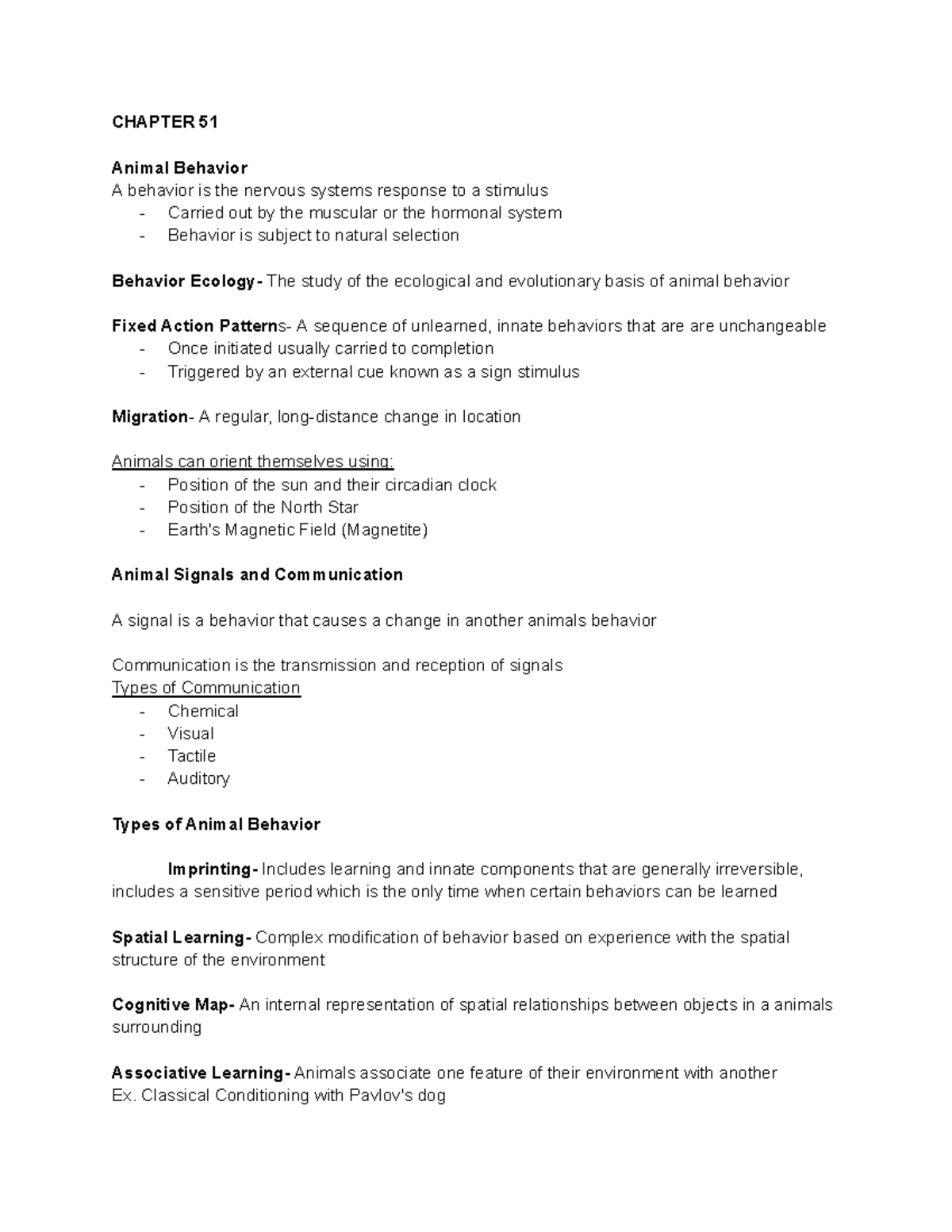 Biology Chapter 51 Notes - CHAPTER 51 Animal Behavior A behavior is the ...